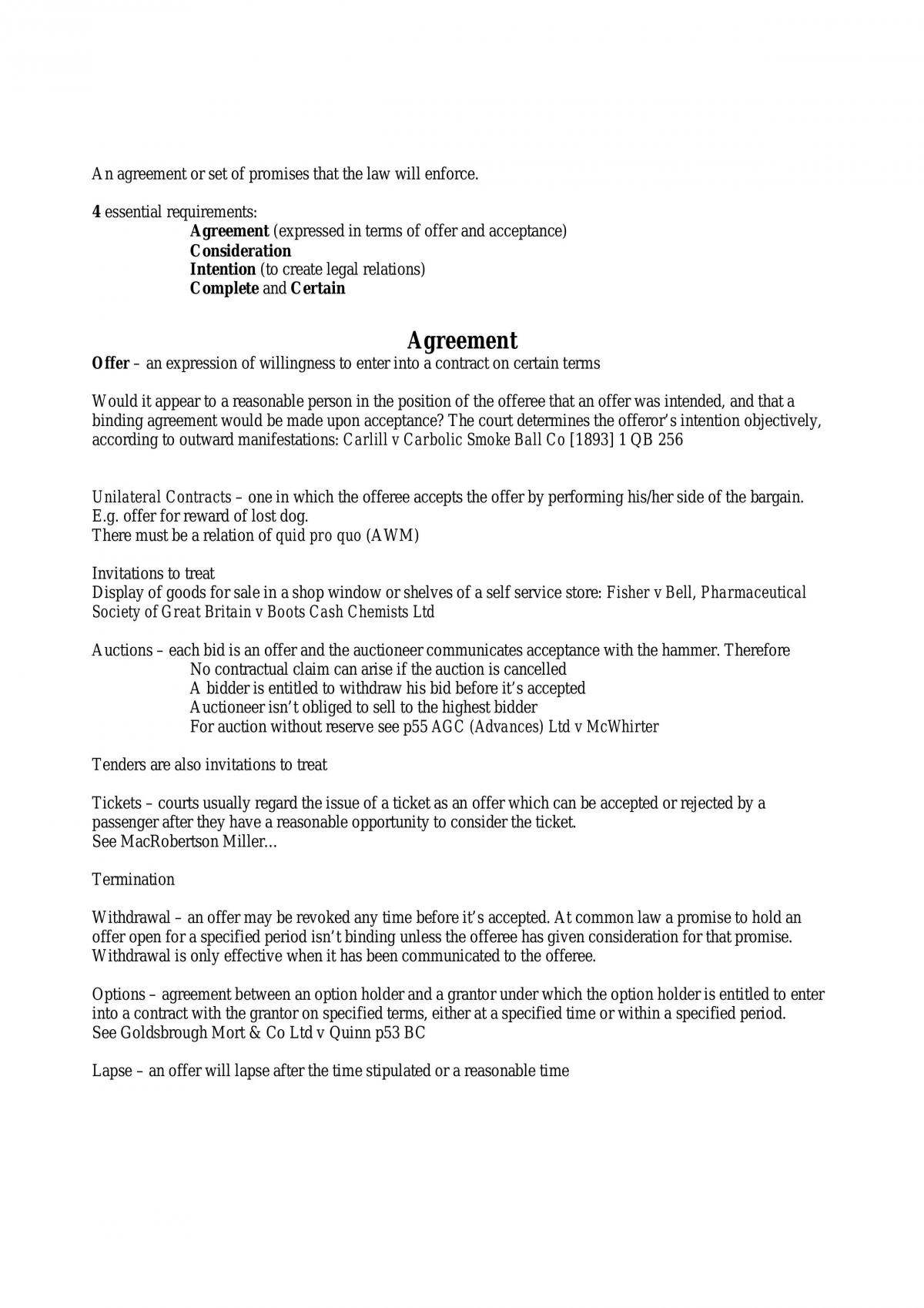 Notes For Law Of Contract A (1St Year Law Students) | LLB1120 - Law of ...