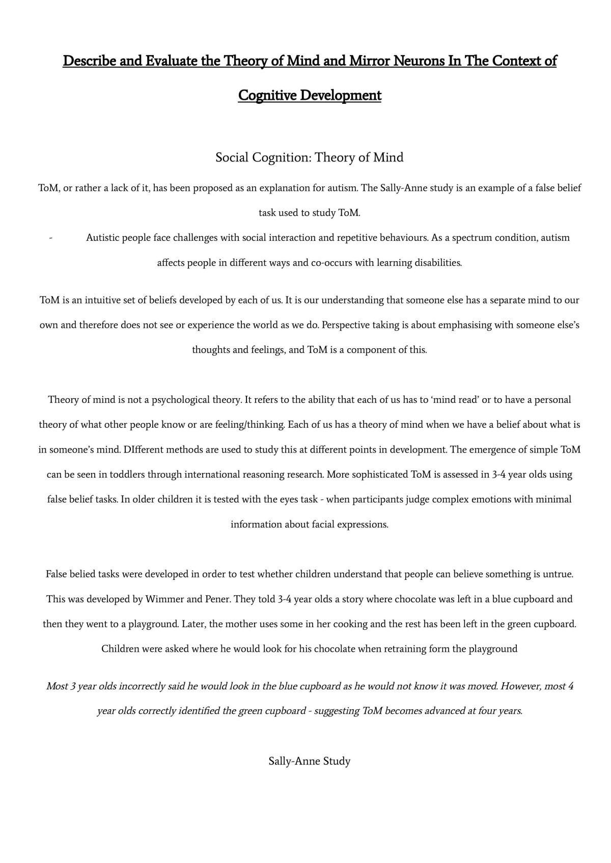 Describe and Evaluate the Theory of Mind and Mirror Neurons in the ...