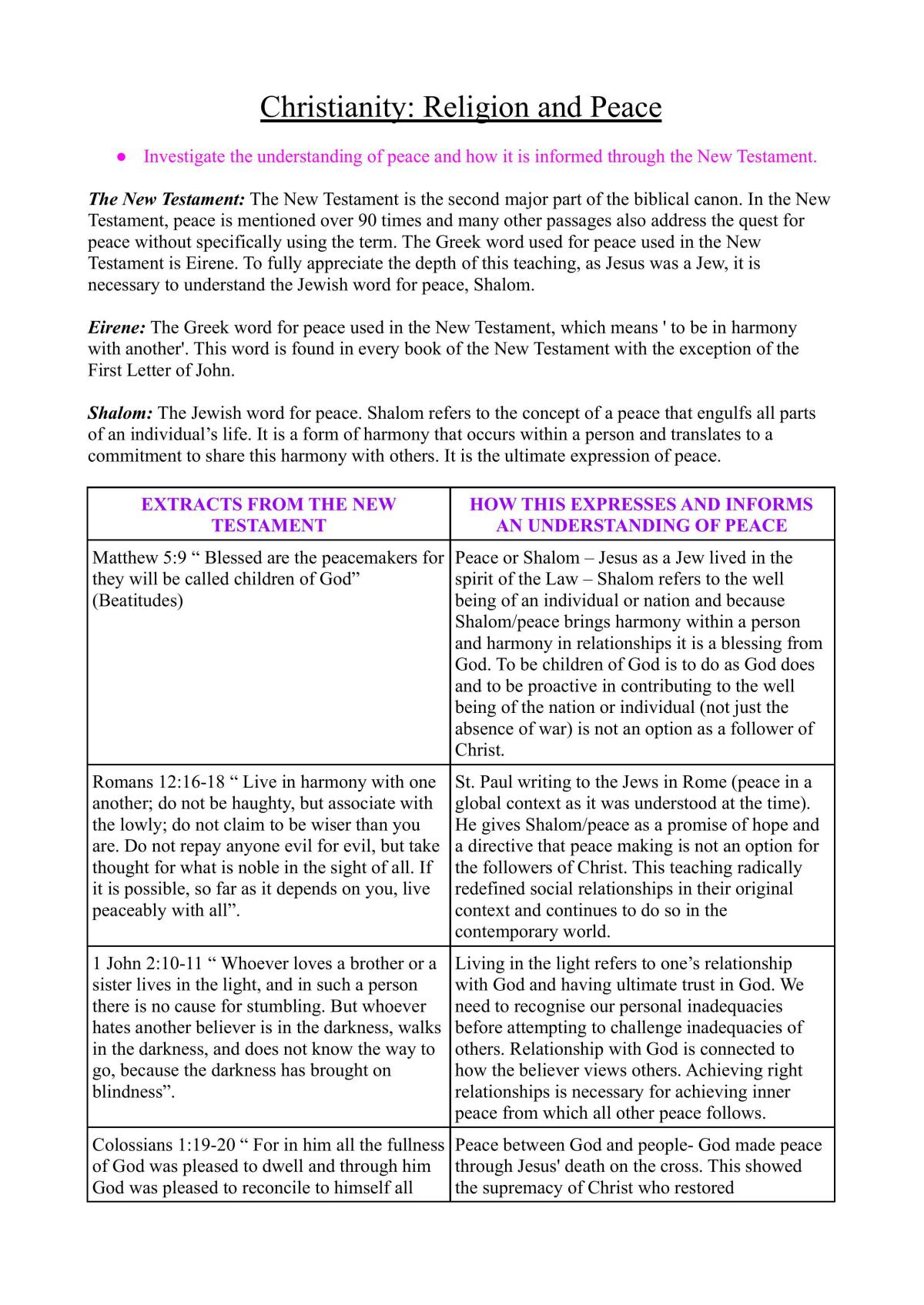 Religion and Peace | Studies of Religion II - Year 12 HSC | Thinkswap