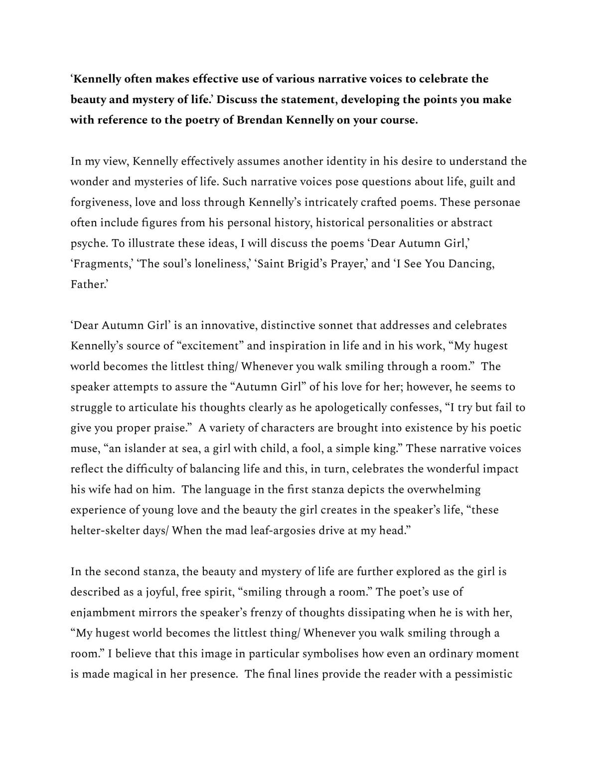 H1 Standard Essay on poet Brendan Kennelly | English - Higher Level ...