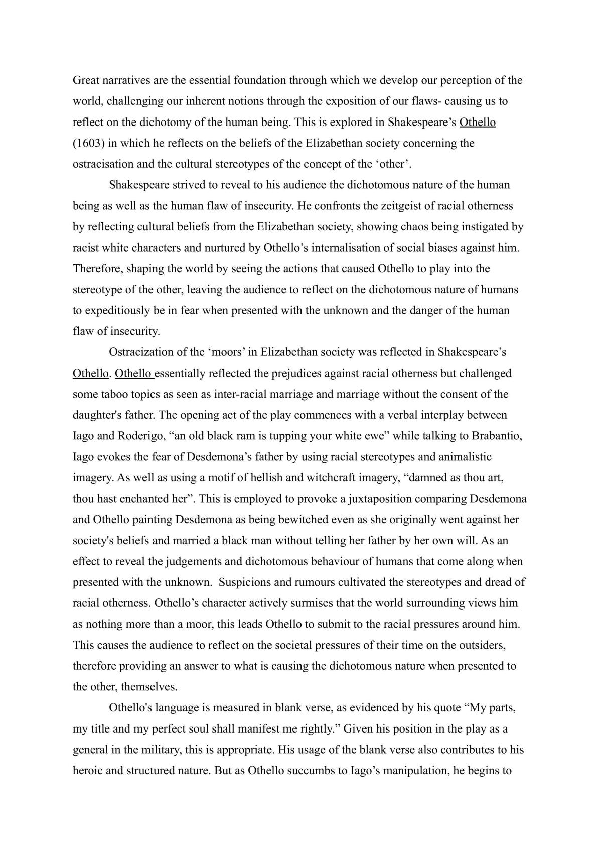 Module A narratives that shape our world critical essay on 'Othello ...