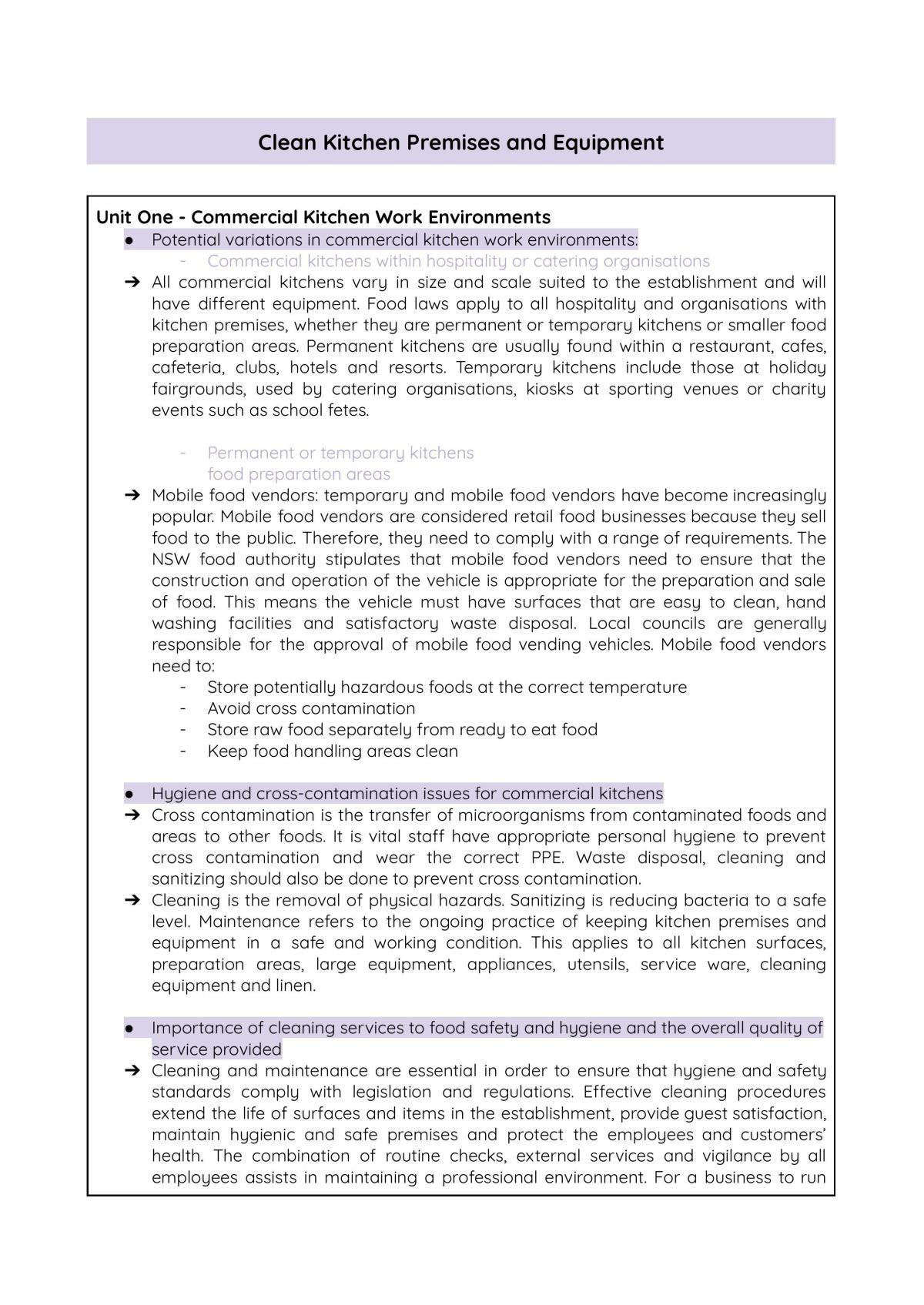 Clean Kitchen Premises and Equipment | Food Technology - Year 11 HSC ...