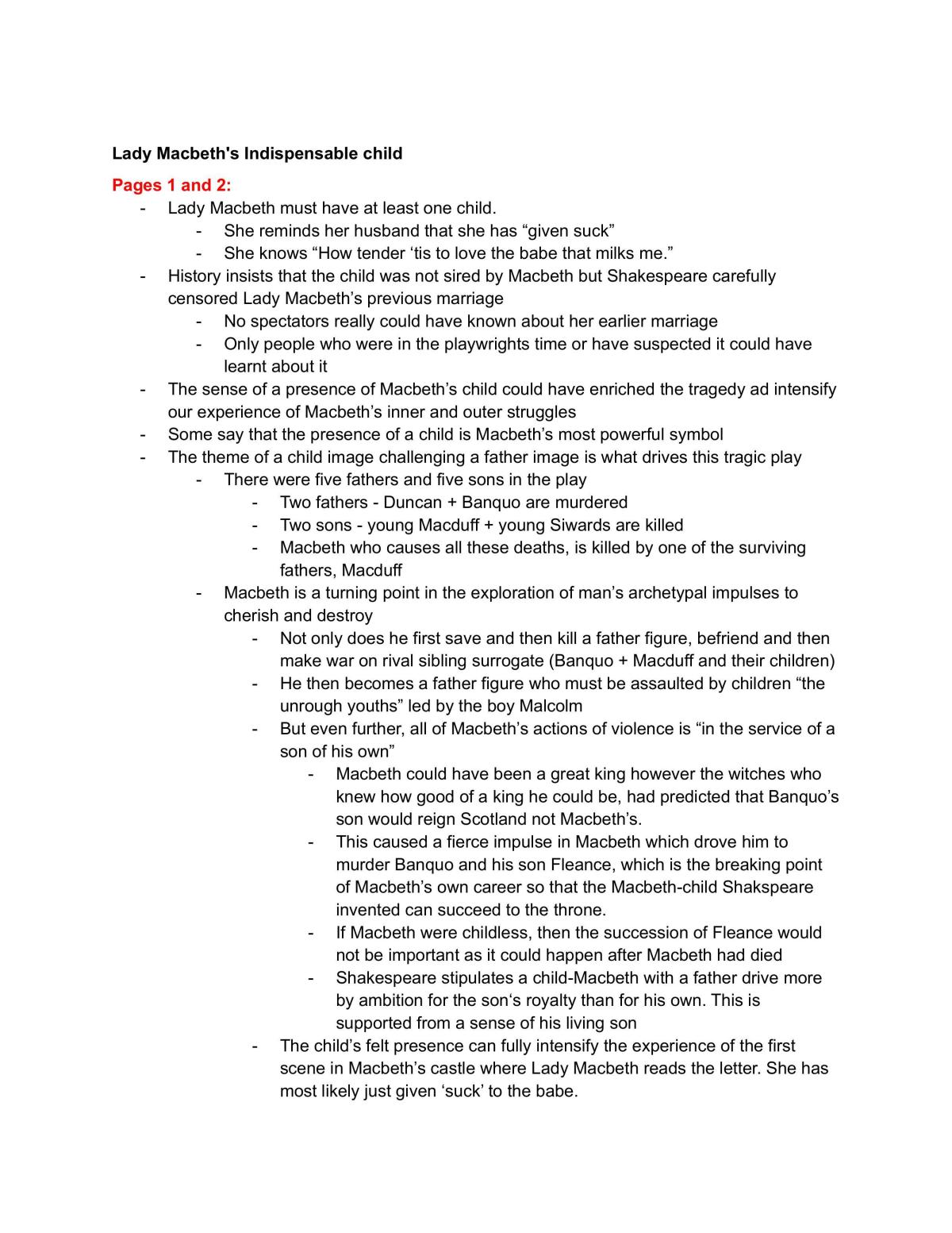 Notes on Lady Macbeth's Indispensible Child | English (Advanced) - Year ...