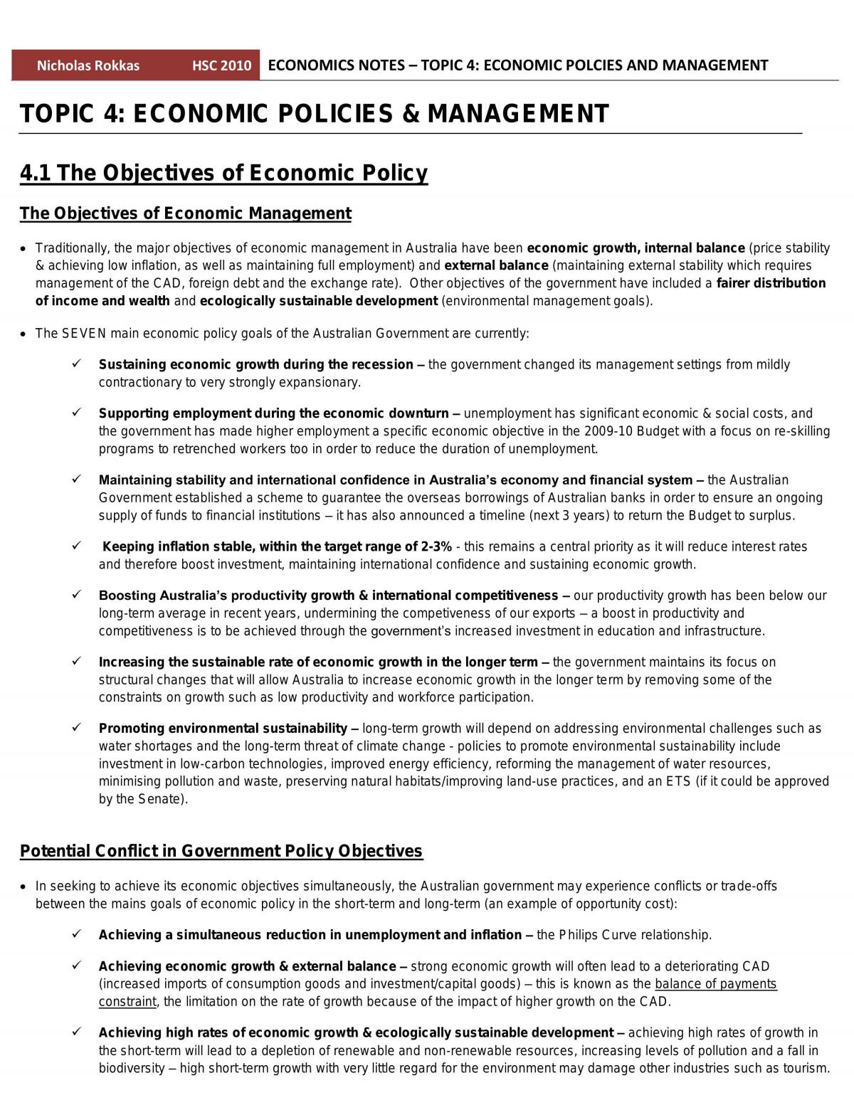 Economic Policies Notes | Economics - Year 12 HSC | Thinkswap