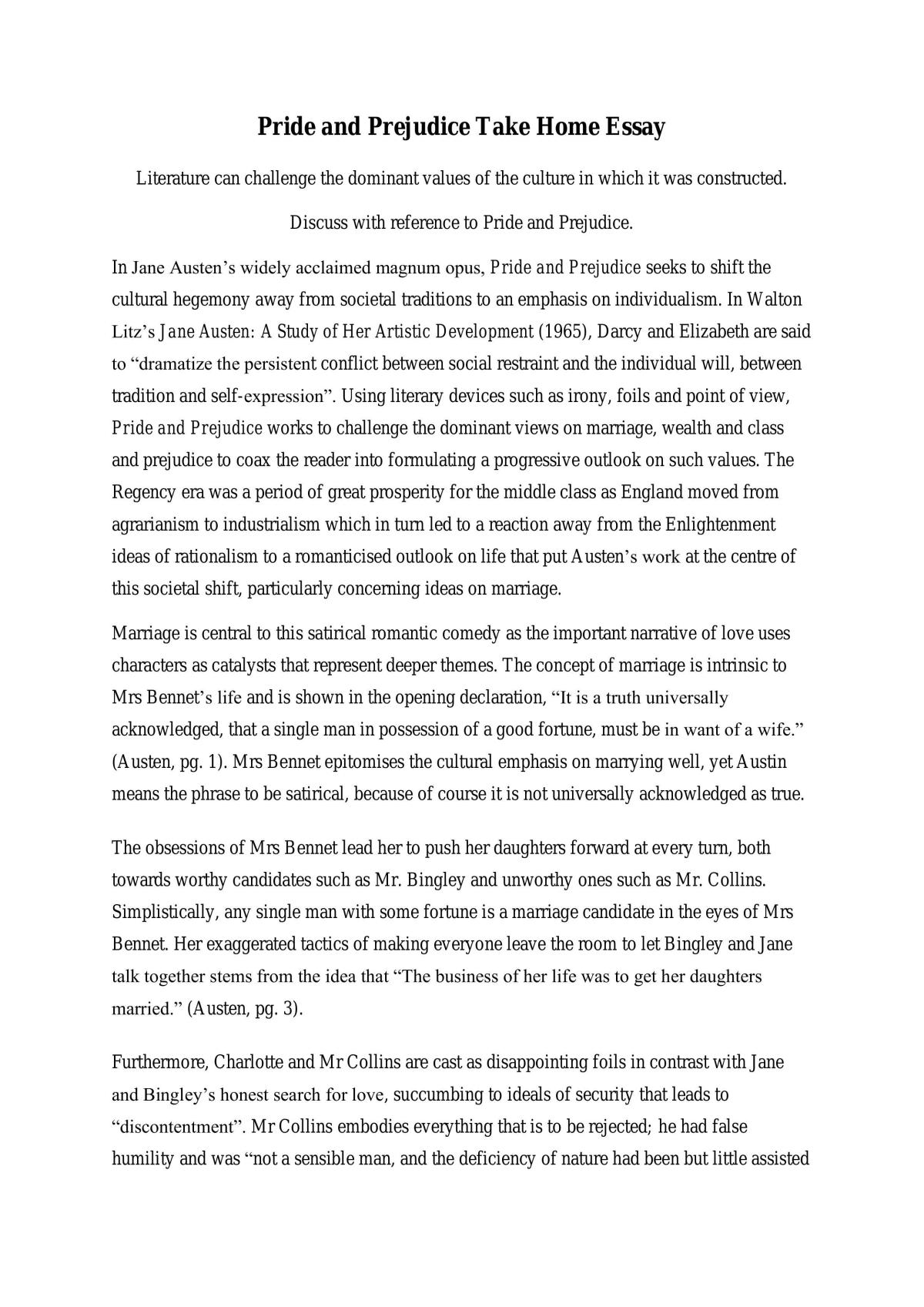 Pride and Prejudice Value Analysis | English - Year 11 WACE | Thinkswap