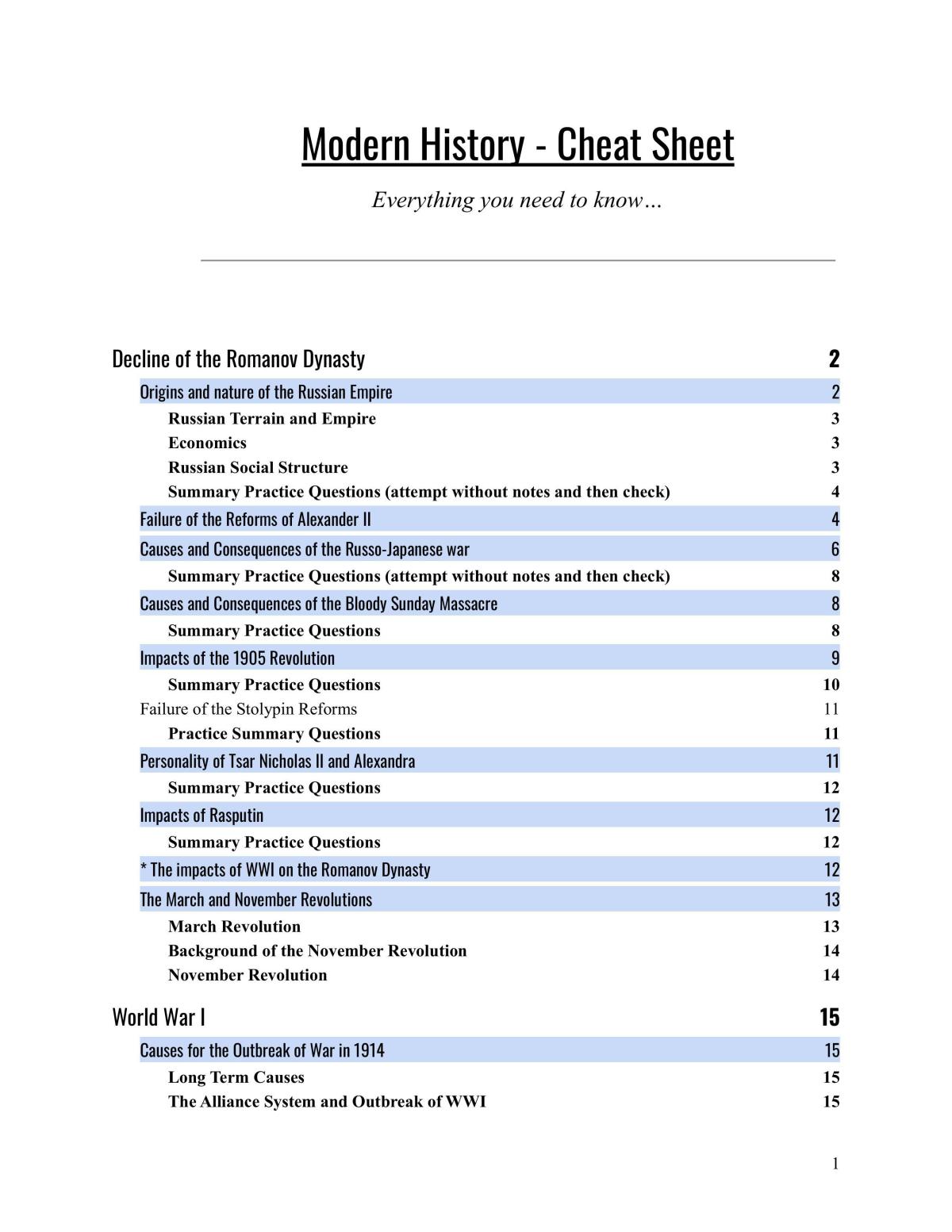 Notes On Romanov Dynasty & WWI (Cheat Sheet) | Modern History - Year 11 ...
