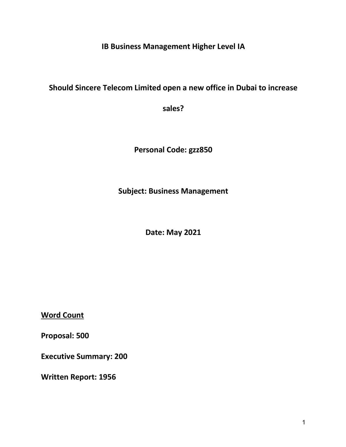 Business management IA | Business Management - IB | Thinkswap