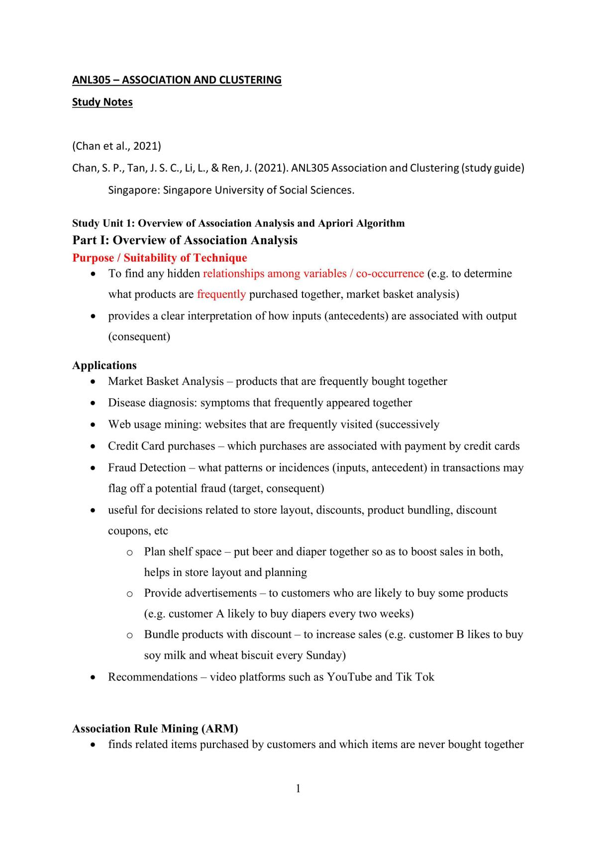 ANL305 Association and Clustering Study Notes | ANL305 - Association ...