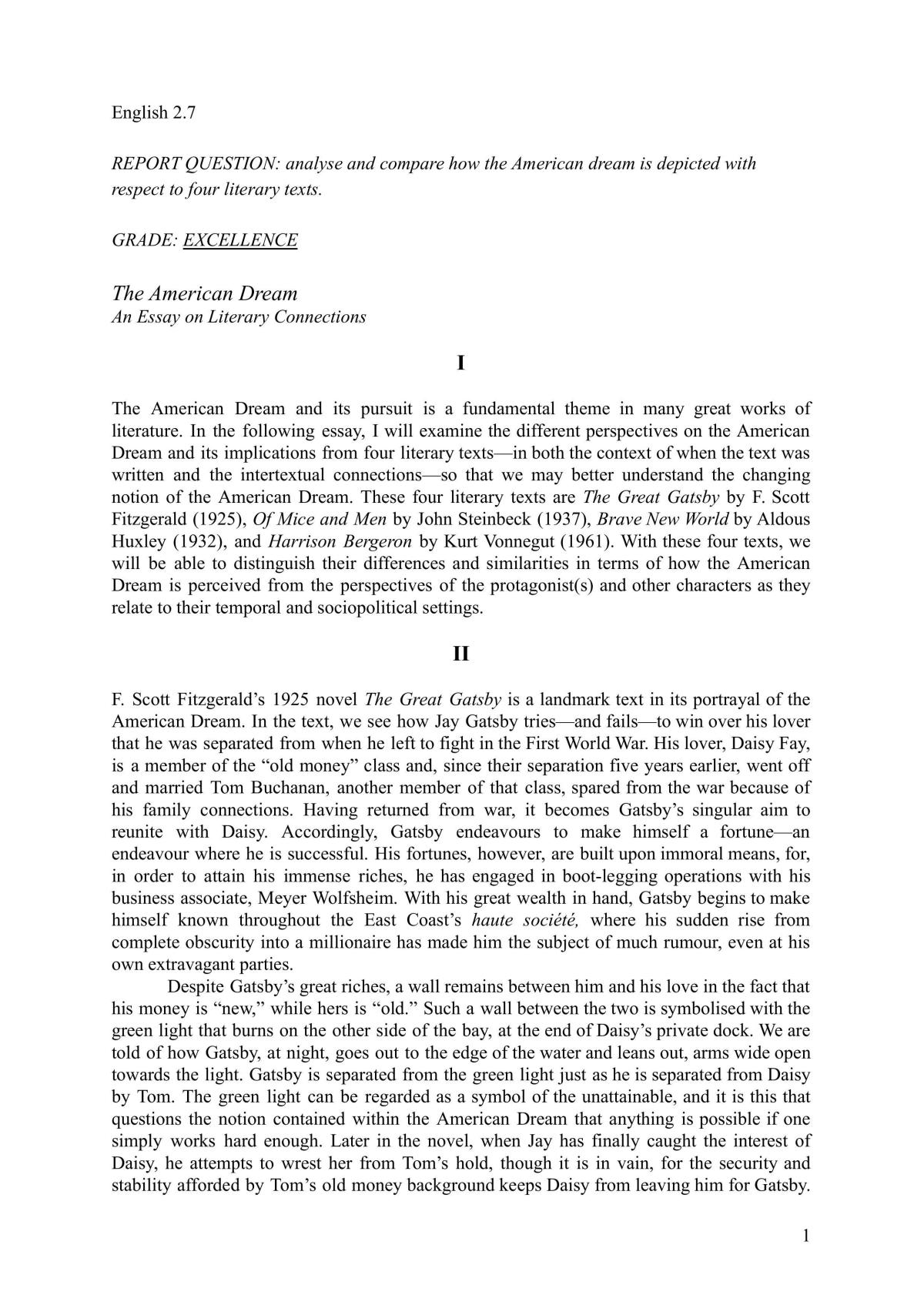 Essay discussing the American dream | English - Level 2 NCEA | Thinkswap