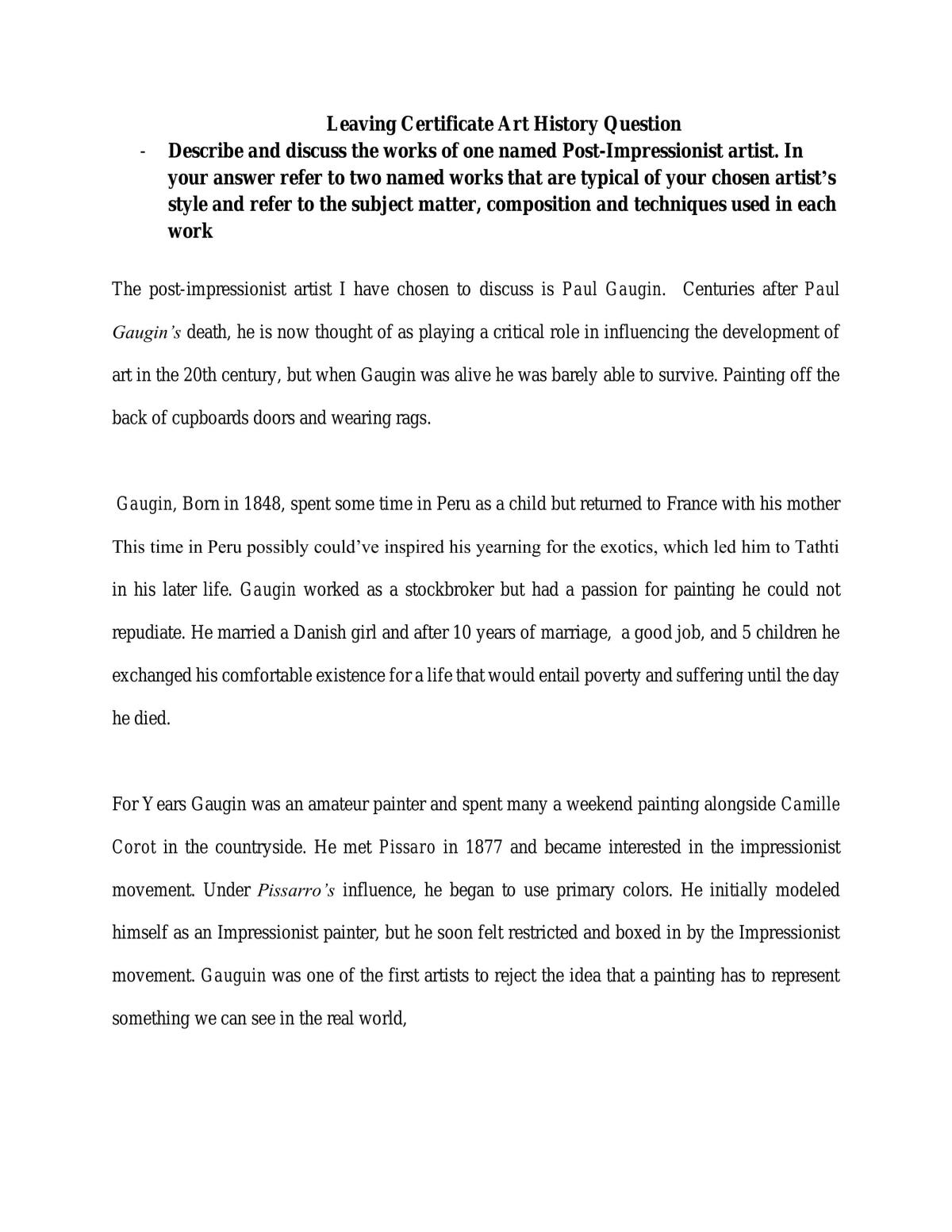 H1 Standard Art History Essay on Post Impressionism and Paul Gaugin ...