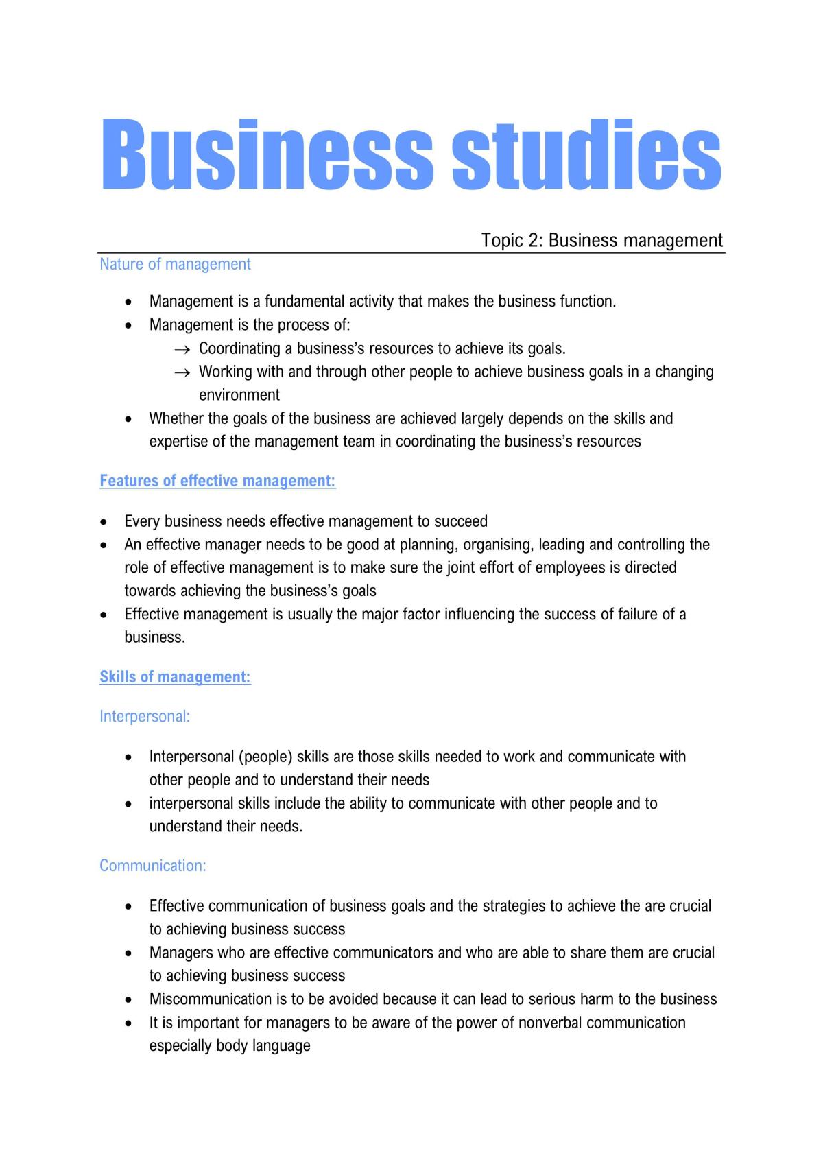 Preliminary Business Notes Topic 2 and 3 | Business Studies - Year 11 ...