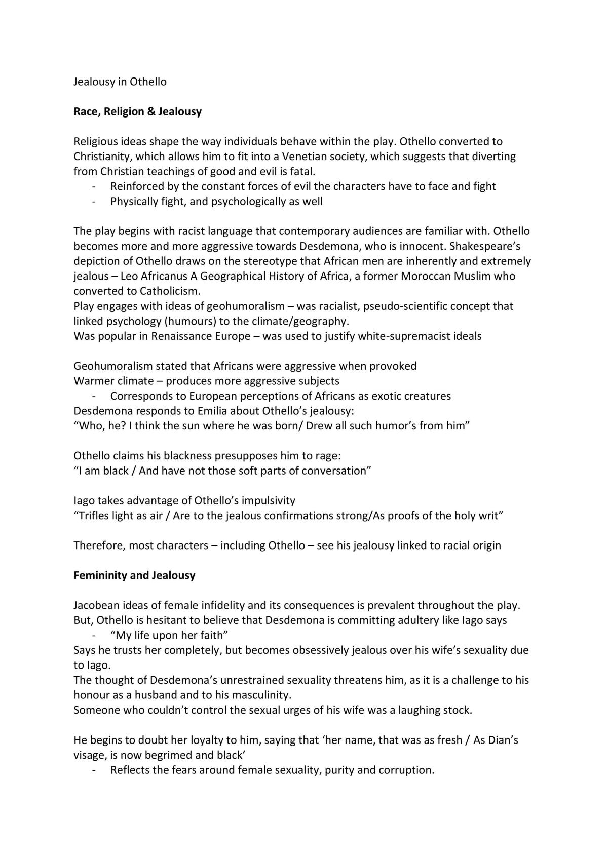 Jealousy in Othello | English Literature - A Level A Levels Edexcel ...