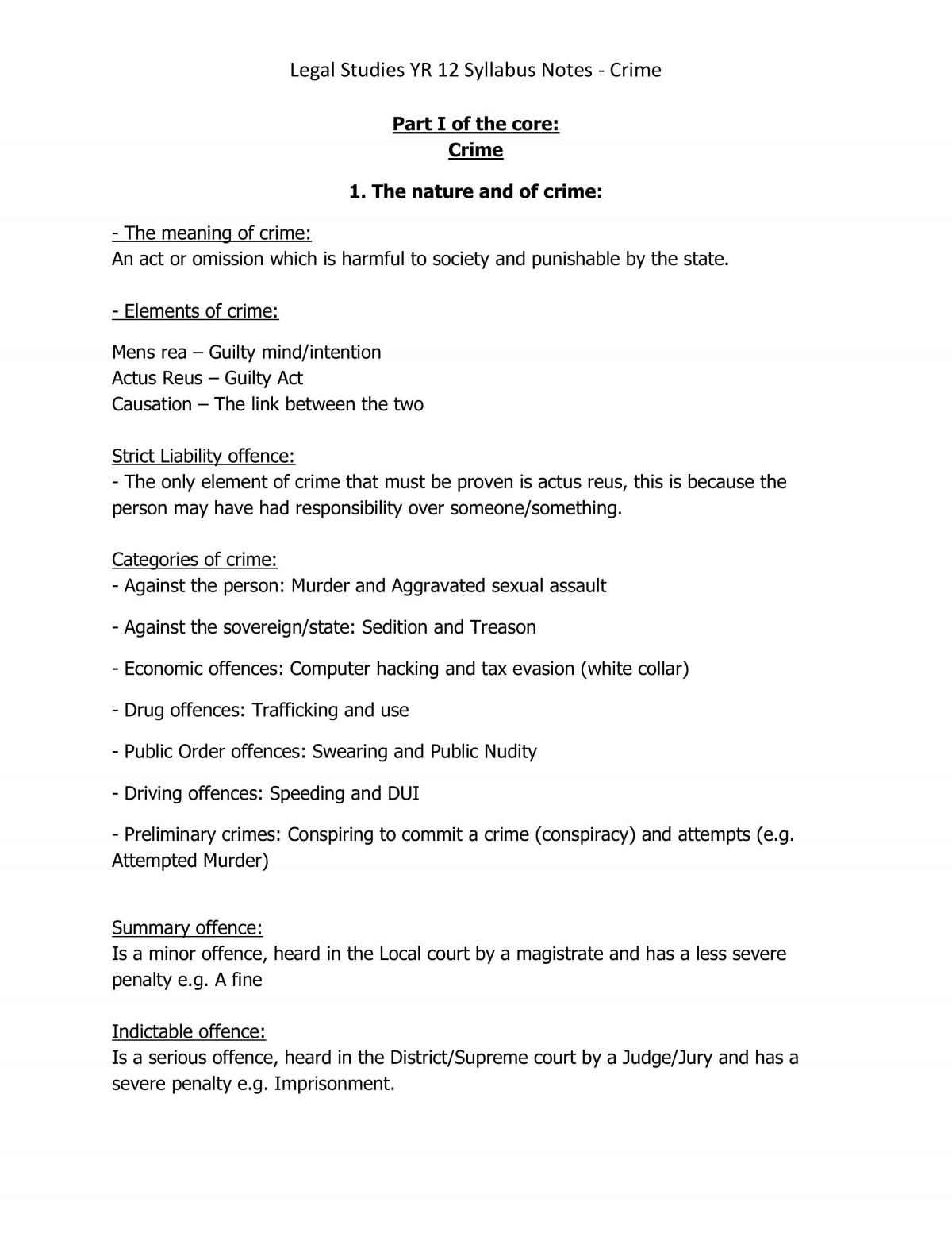 Crime notes | Legal Studies - Year 12 HSC | Thinkswap