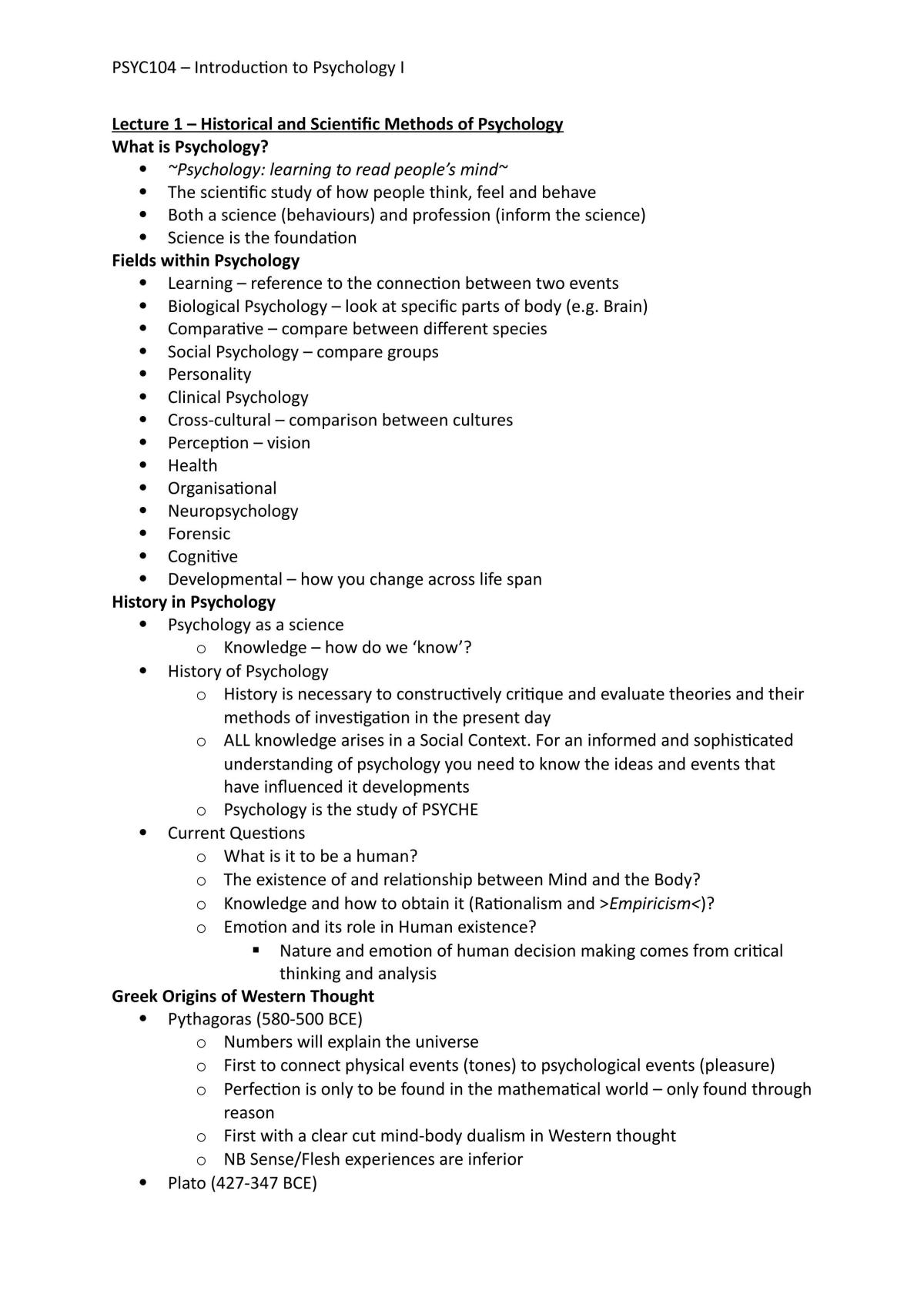 Introduction to Psychology I Notes | PSYC104 - Introduction to ...