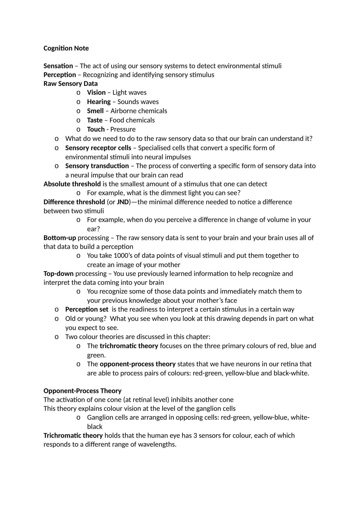 Cognition Note | BIOL3005 - Cognition - Curtin | Thinkswap
