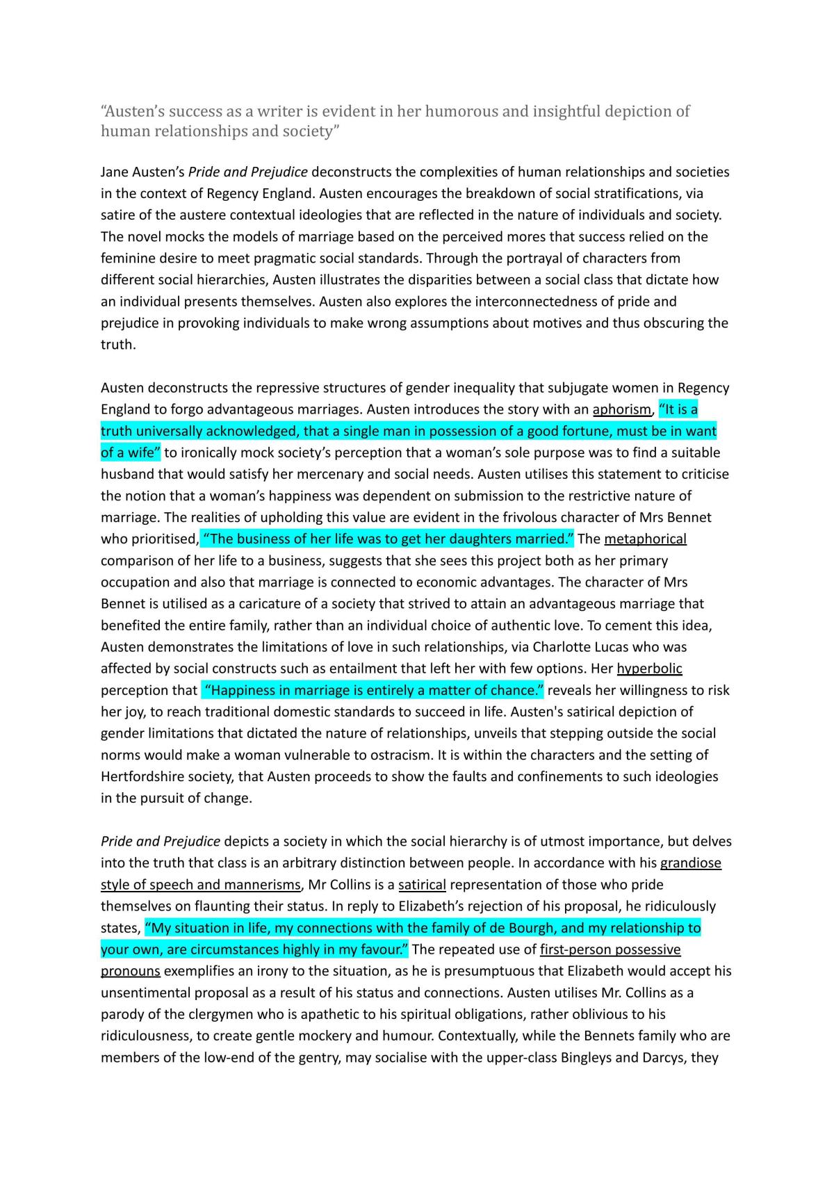 Pride and Prejudice Essay | English (Advanced) - Year 11 HSC | Thinkswap