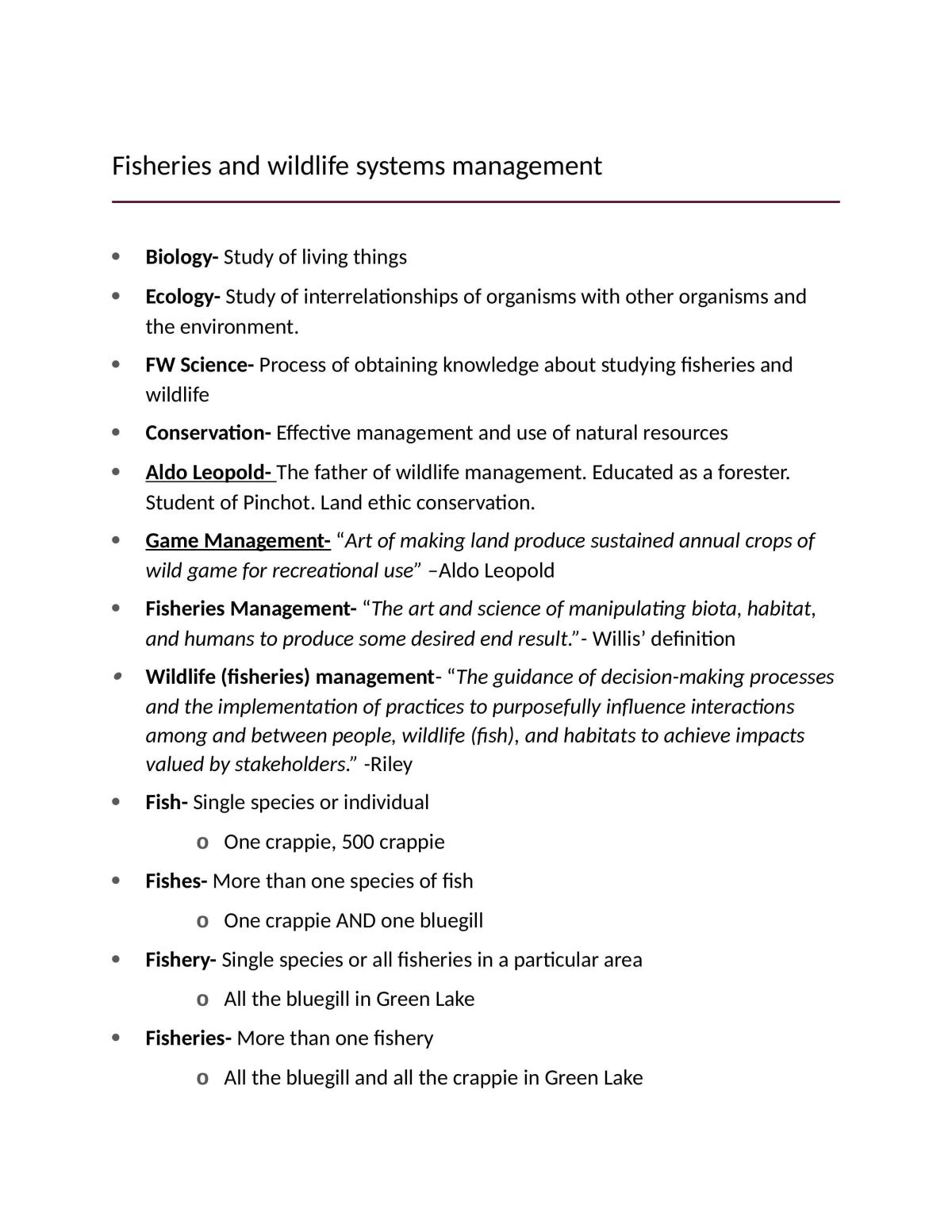 Fisheries and Wildlife Management Notes | FISH3000 - Fisheries and ...