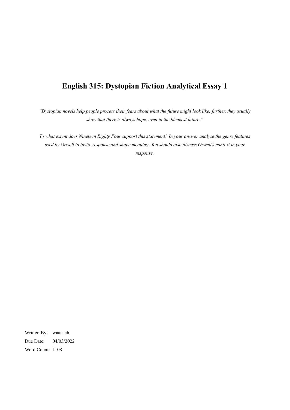 1984 Dystopian Fiction Investigation | English Studies - Year 11 TCE ...
