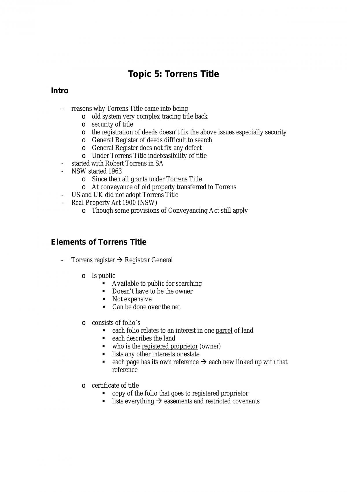 Torrens Title Topic | LAWS 3082 - Property Law - WSU | Thinkswap
