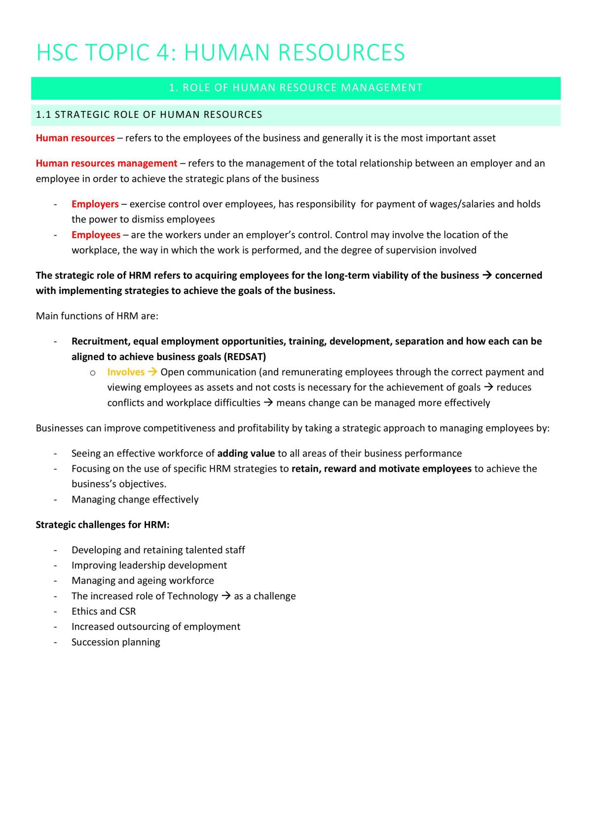 Human Resources | Business Studies - Year 12 HSC | Thinkswap