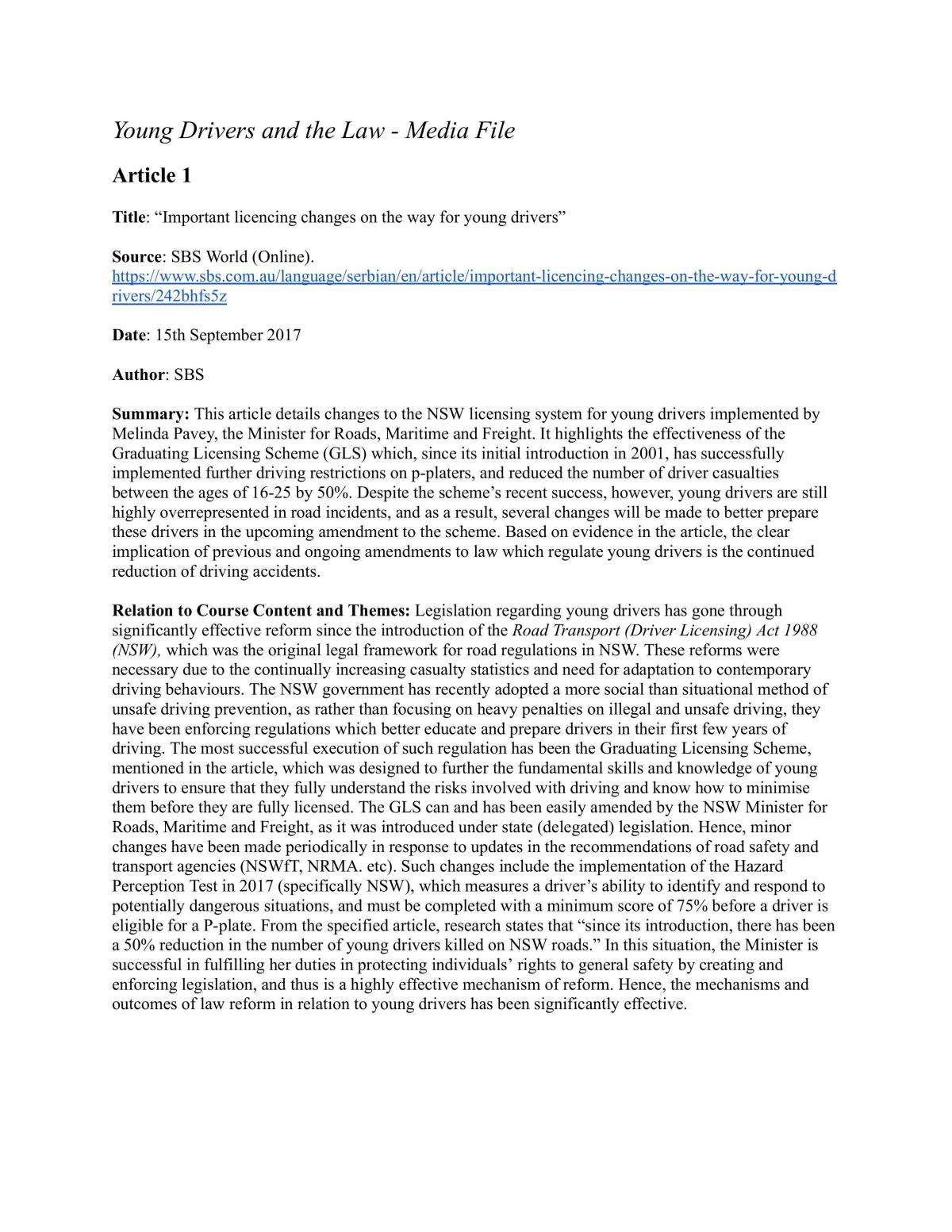 Legal Studies Media Analysis - Young Drivers and the Law | Legal ...