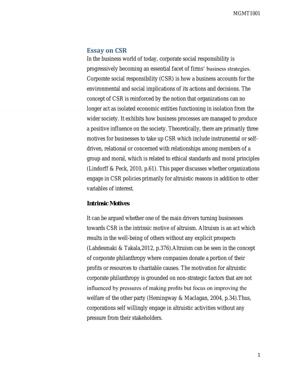 CSR Essay 2015 | MGMT1001 - Managing Organisations and People - UNSW ...