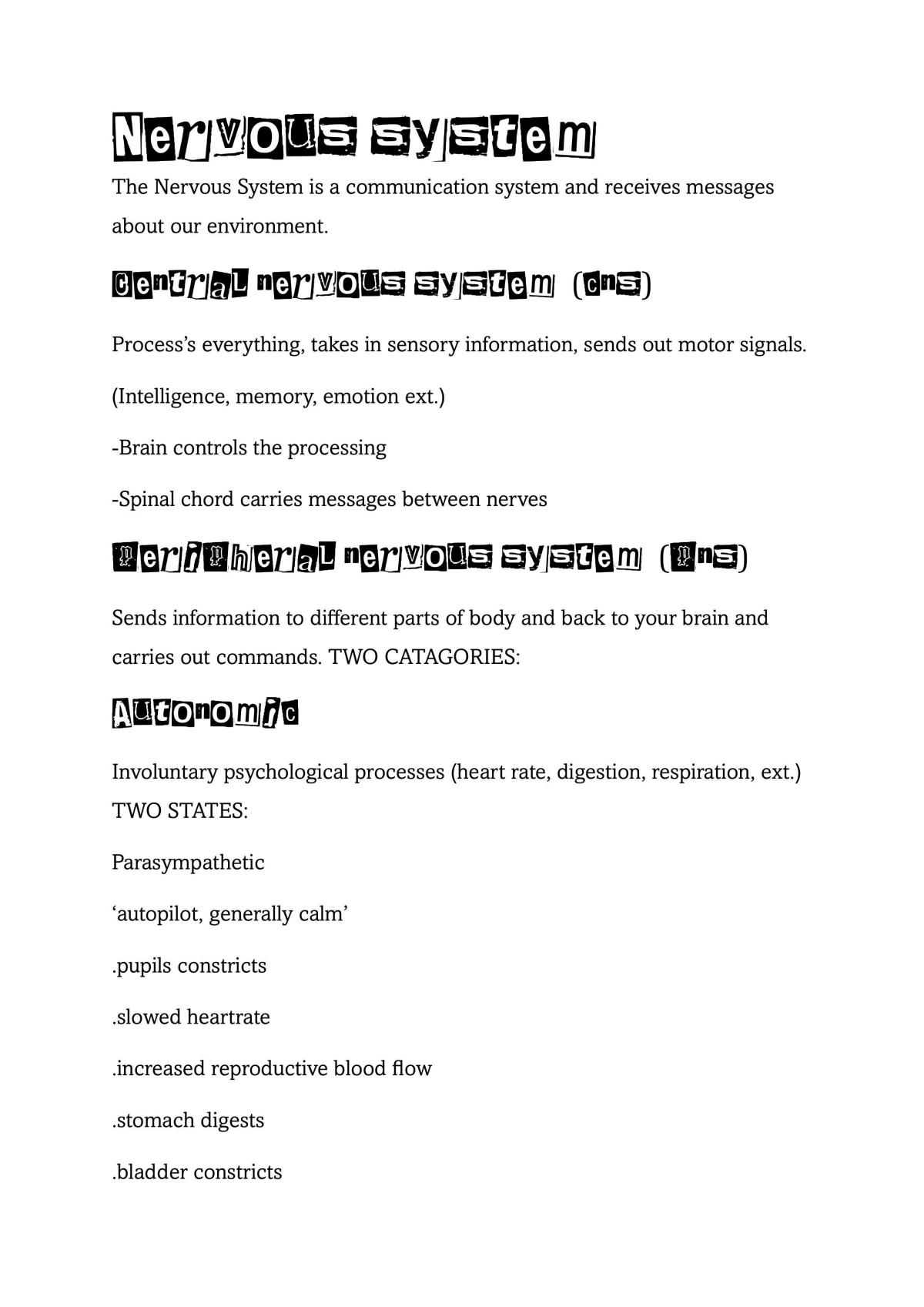 Nervous System | Psychology - Year 11 WACE | Thinkswap