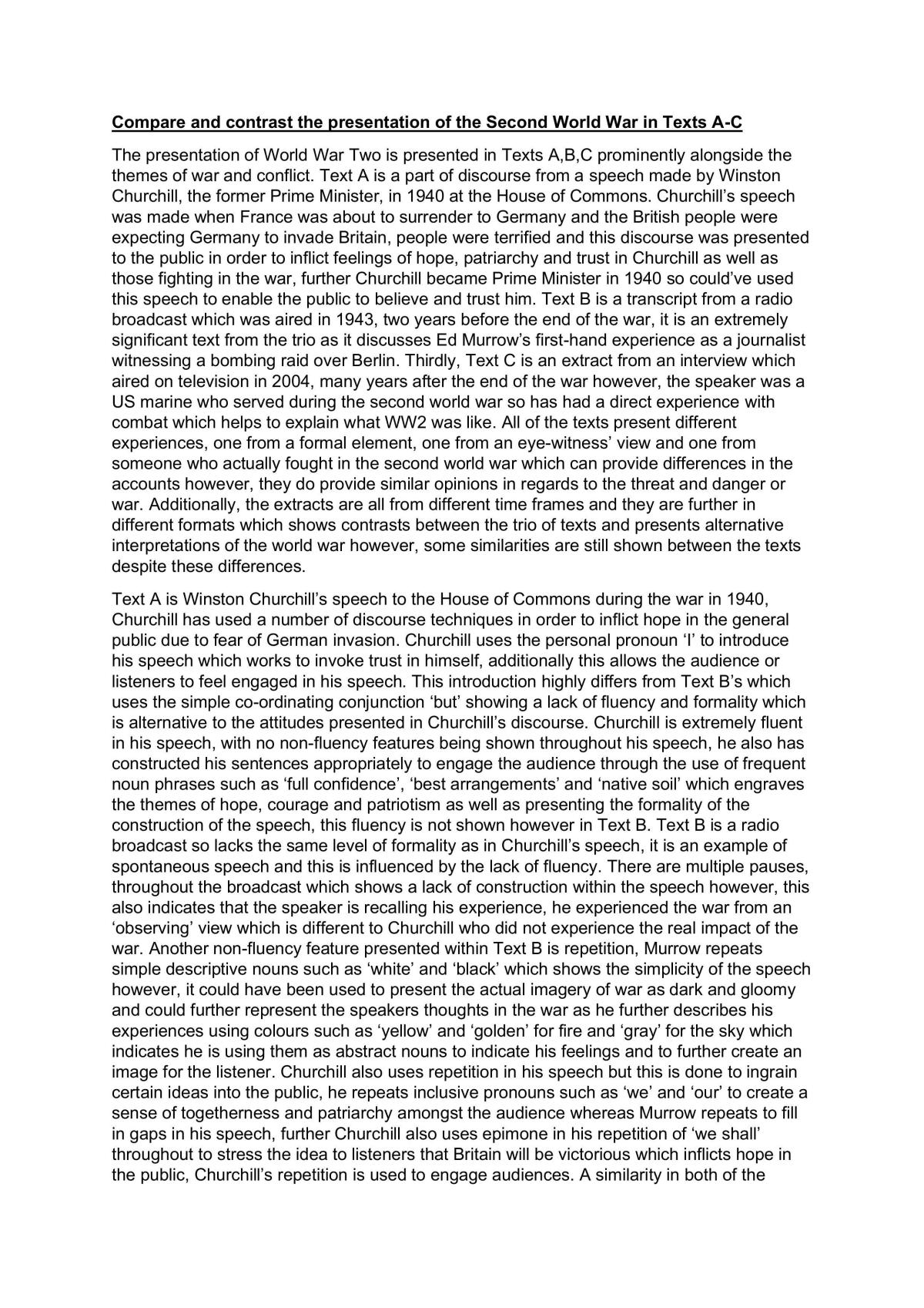 Compare and contrast the presentation of the Second World War in Texts ...