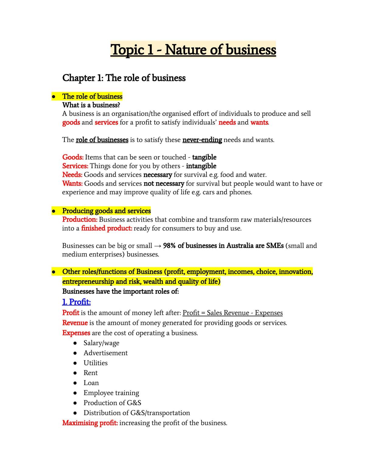 Business Studies Preliminary Topic 1 - The Nature of Business Full ...
