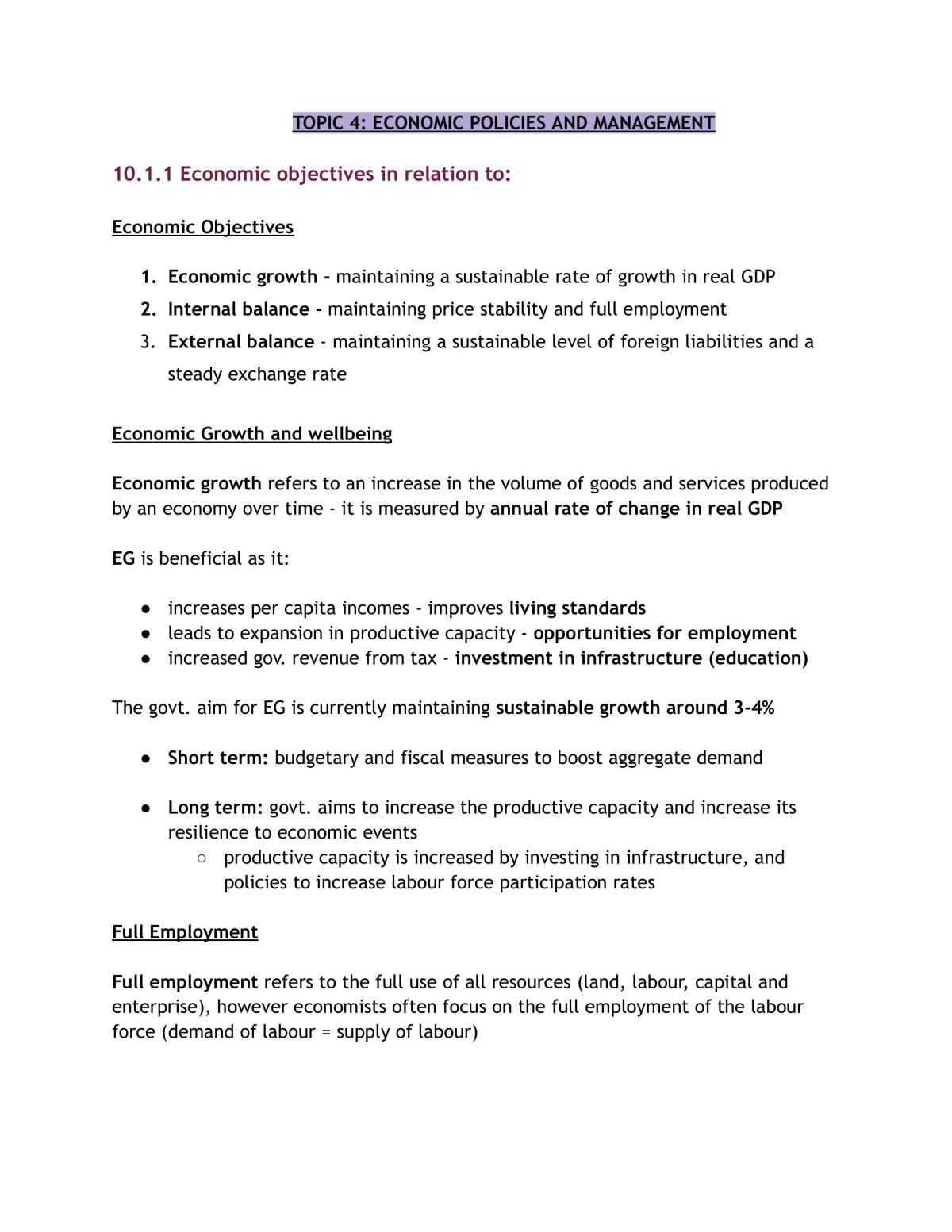 Economic Policies - Full Study Notes | Economics - Year 12 HSC | Thinkswap