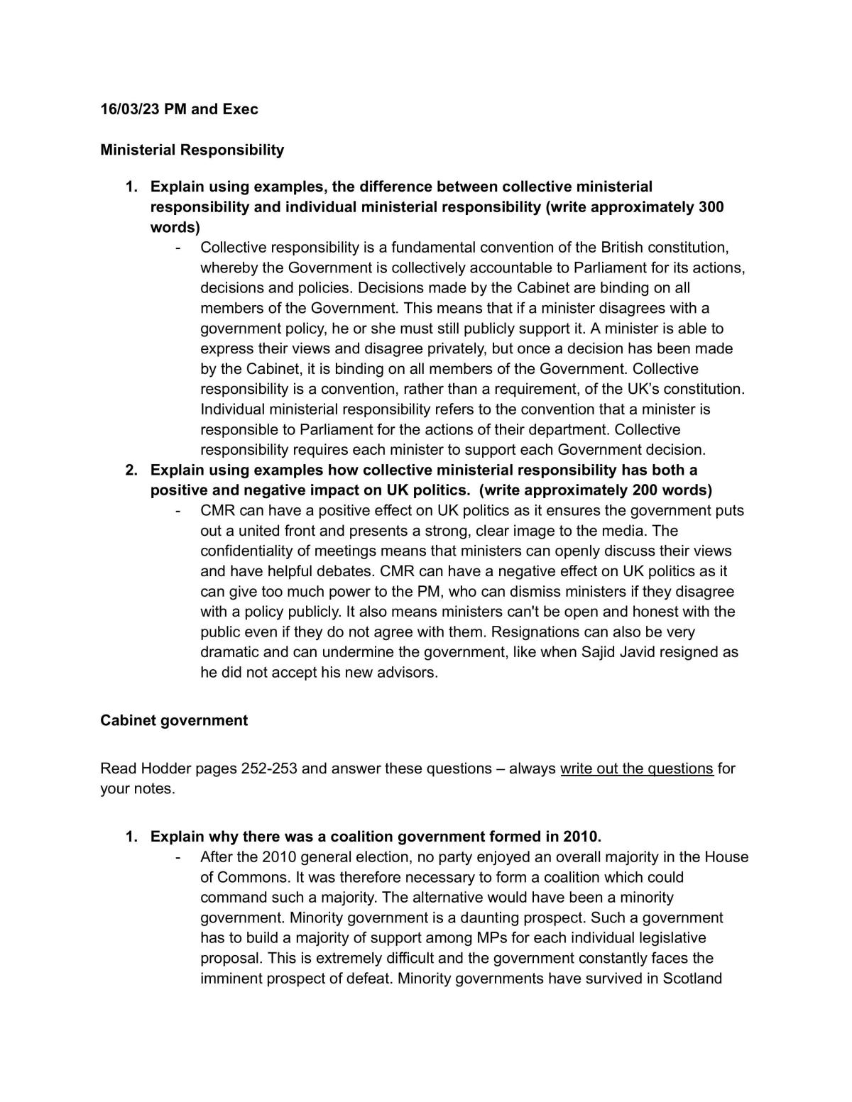 Prime Minister and Executive | Politics - A Level A Levels Edexcel ...