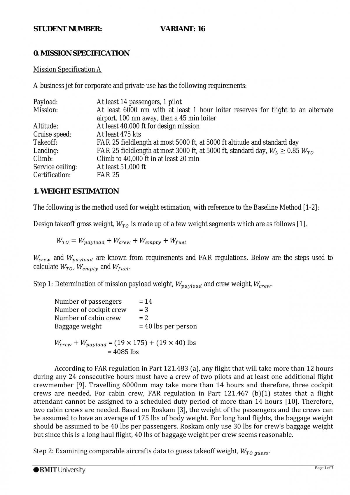 Assignment: Aircraft Sizing | AERO2255 - Aerospace Design Principles ...