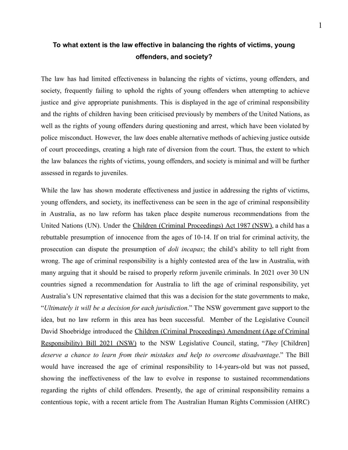 Task 1 Young Offenders Essay (14/15) | Legal Studies - Year 12 HSC ...