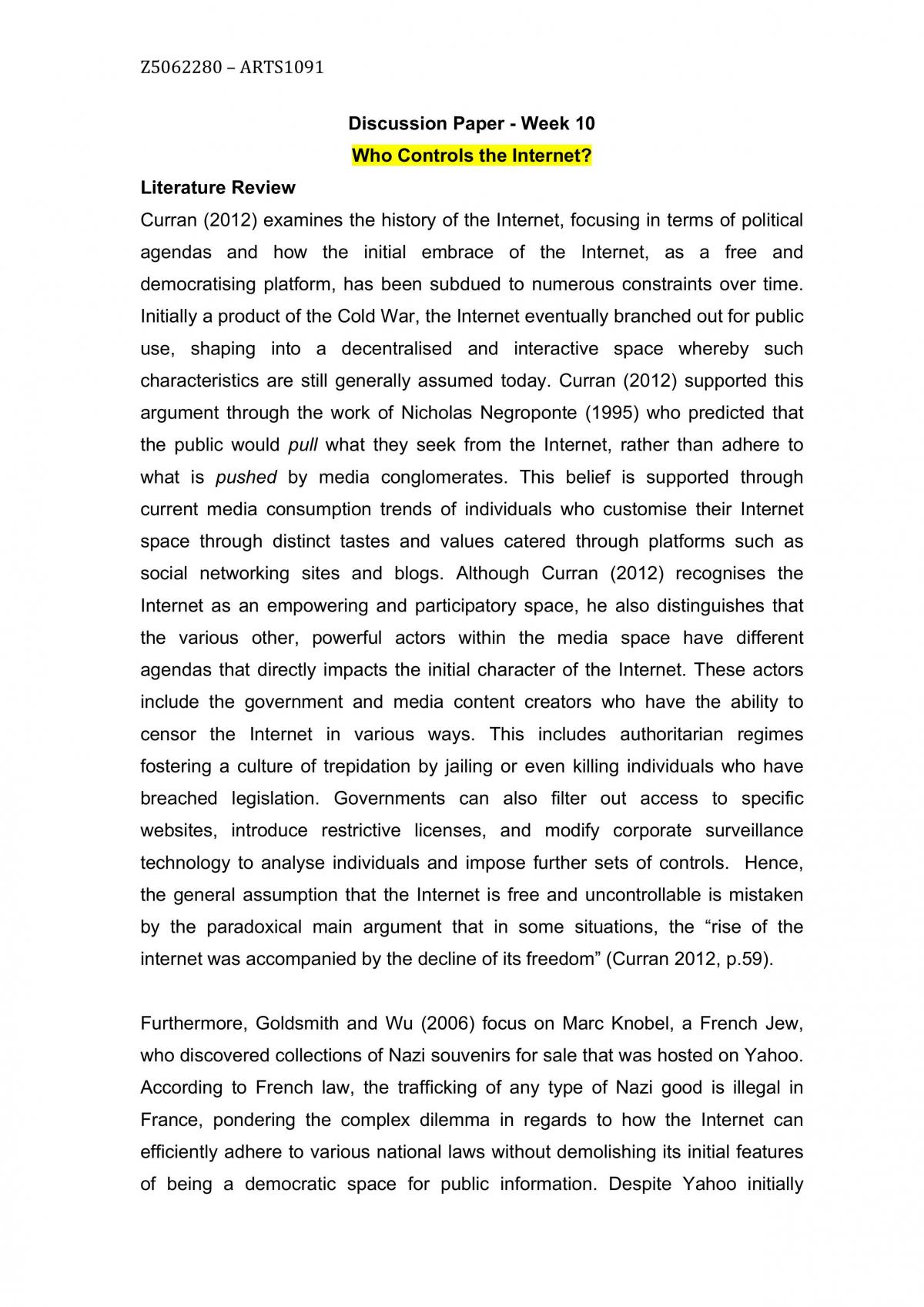 Discussion Paper | MDIA1091 - Media, Society, Politics - UNSW | Thinkswap