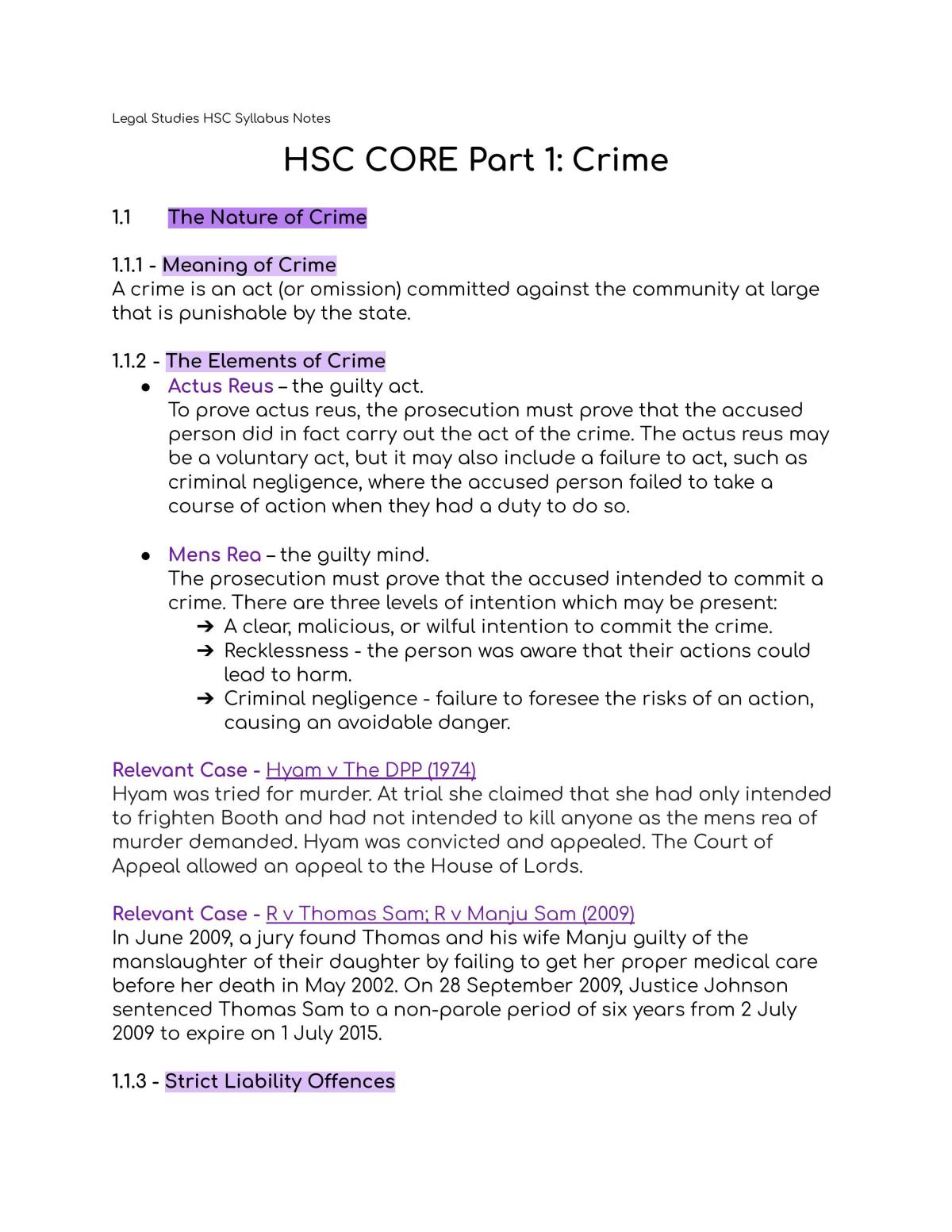 Crime Core Syllabus Notes | Legal Studies - Year 12 HSC | Thinkswap