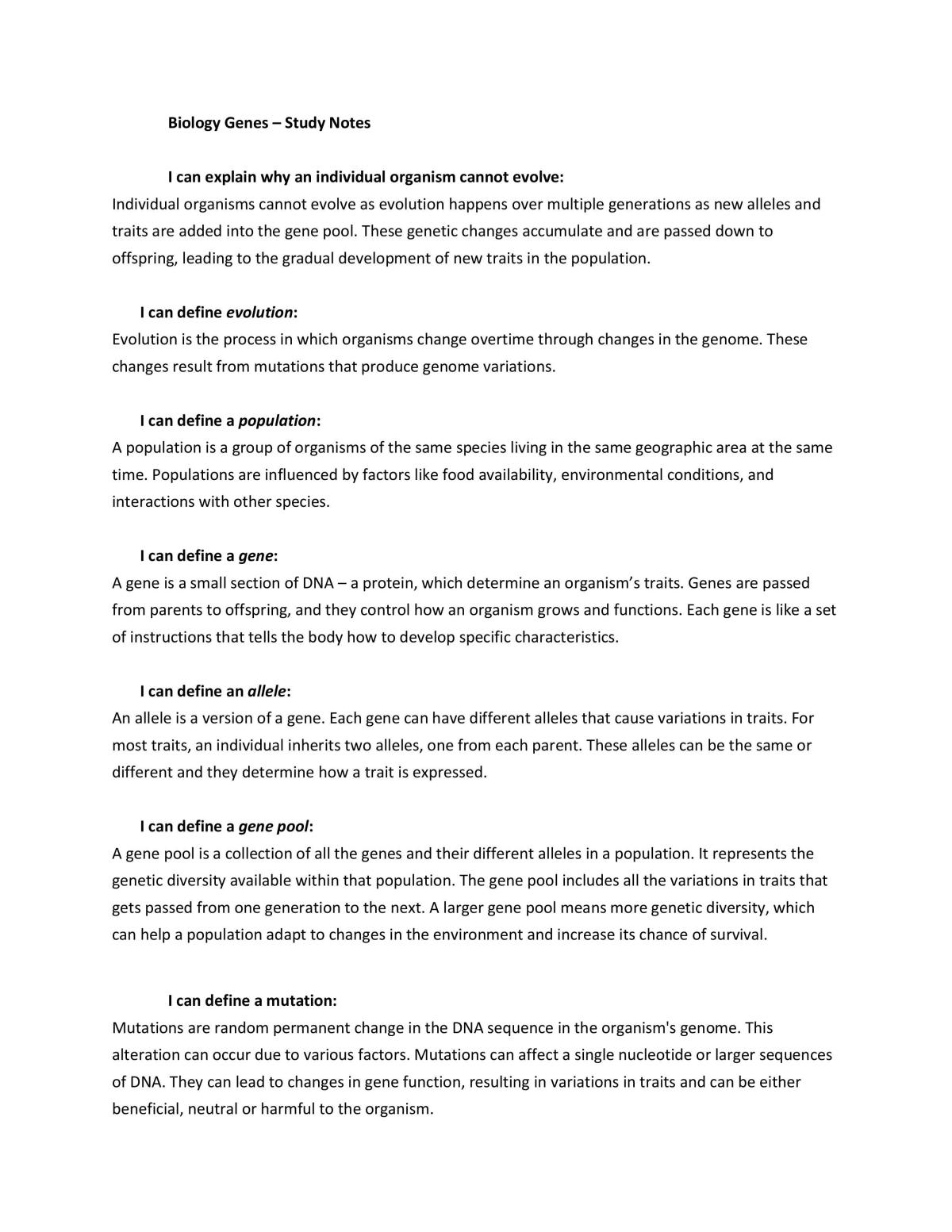 Biology Genes - Study Notes | Biology - Level 2 NCEA | Thinkswap