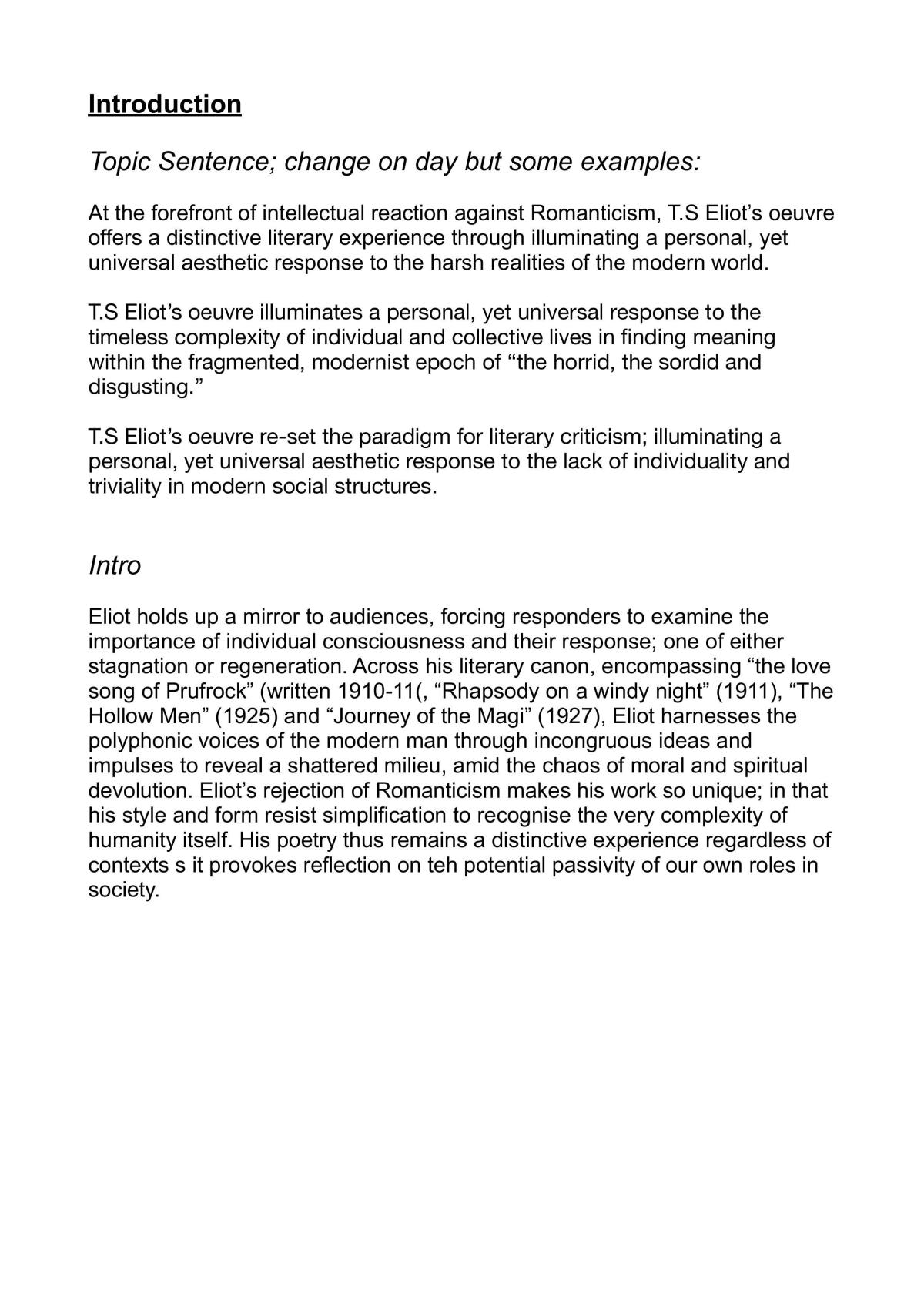T.S. Eliot Essay | English (Advanced) - Year 12 HSC | Thinkswap