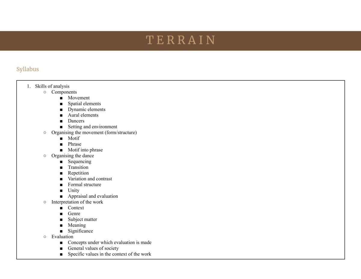 Dance HSC Terrain Notes | Dance - Year 12 HSC | Thinkswap