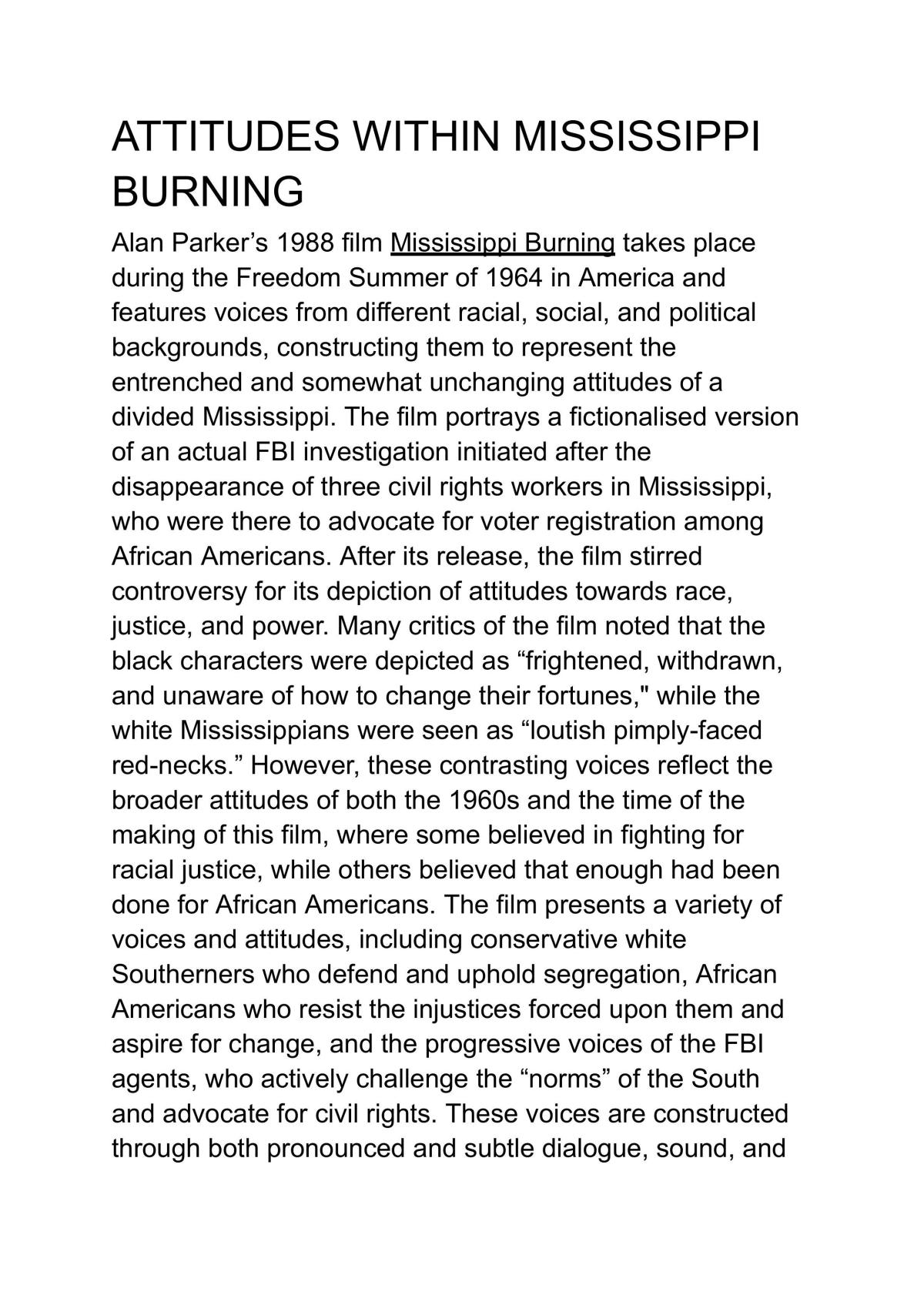 Essay on the attitudes within Mississippi Burning | English - Year 11 ...