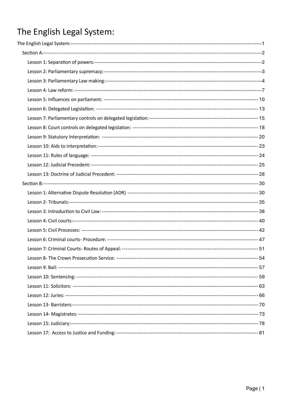 English Legal System Notes | Law - A Level A Levels Eduqas | Thinkswap