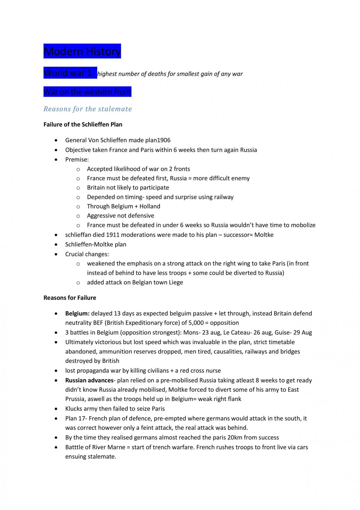 WW1 Notes | Modern History - Year 12 HSC | Thinkswap