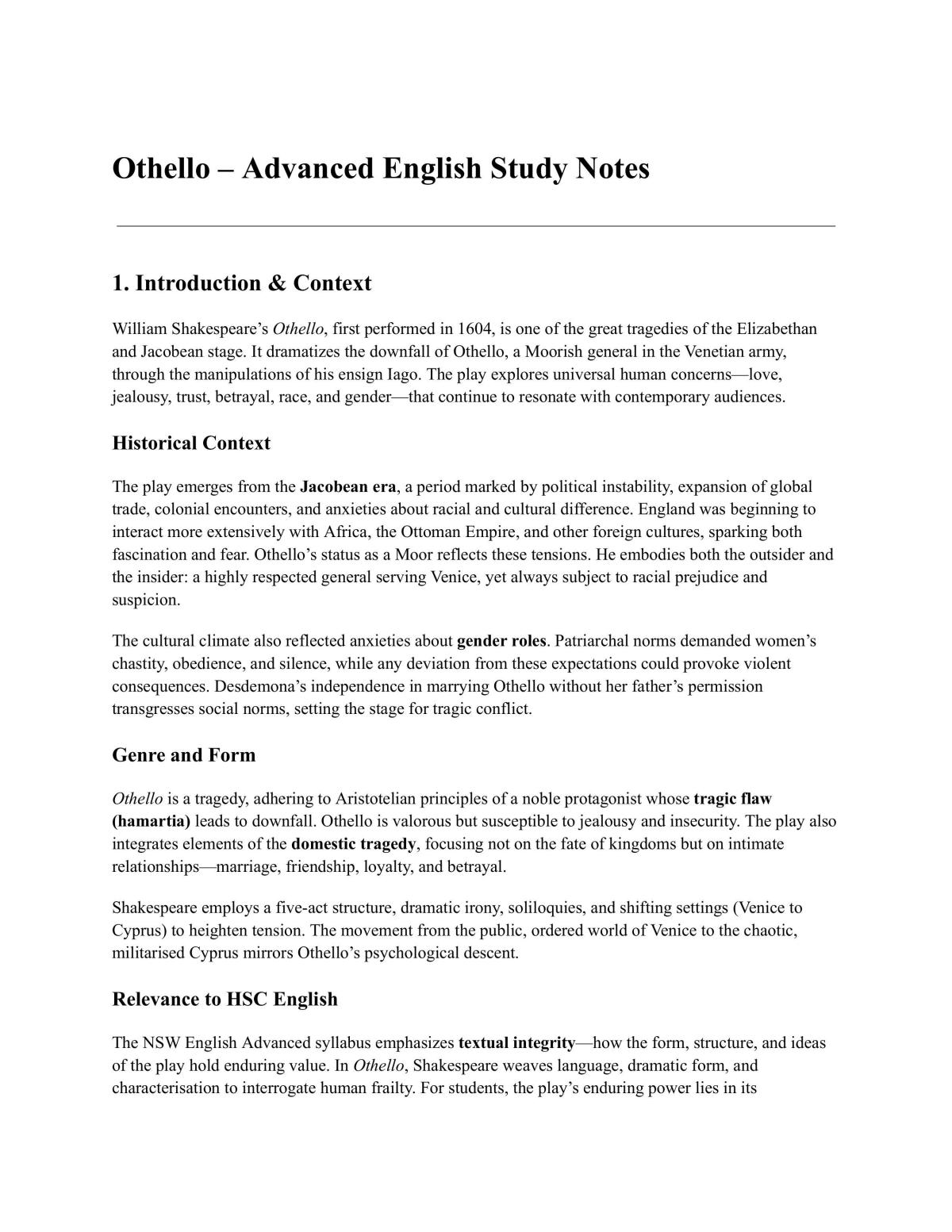 Othello Study Notes | English (Advanced) - Year 11 HSC | Thinkswap