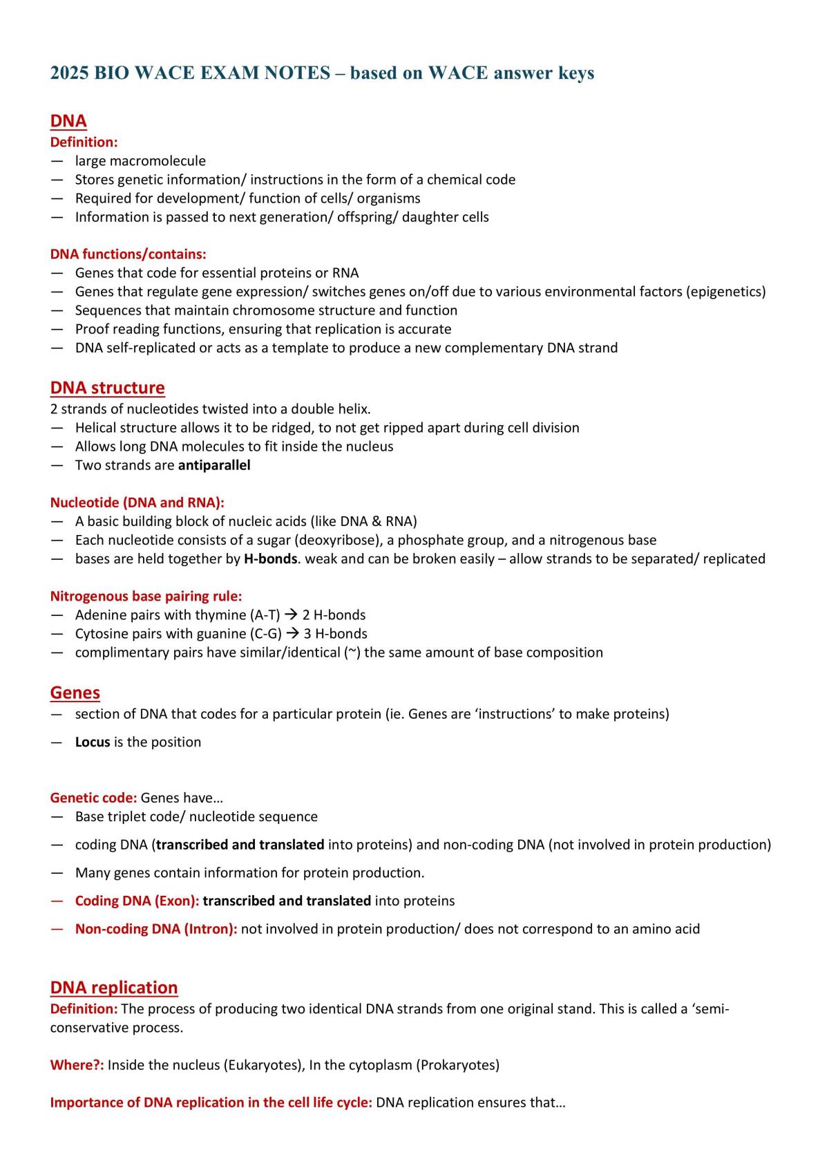 ATAR Biology WACE Exam notes U3 and U4 | Biology - Year 12 WACE | Thinkswap