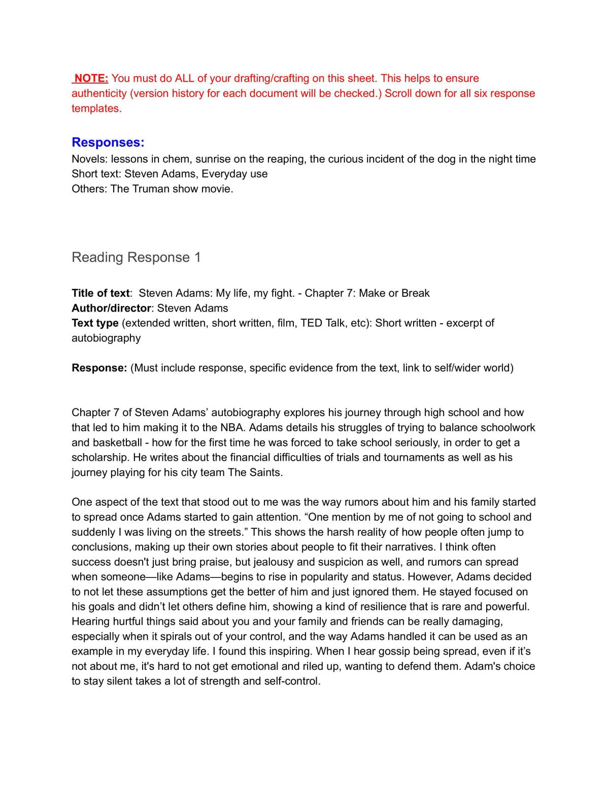 2.9 Reading Responses | English - Level 2 NCEA | Thinkswap