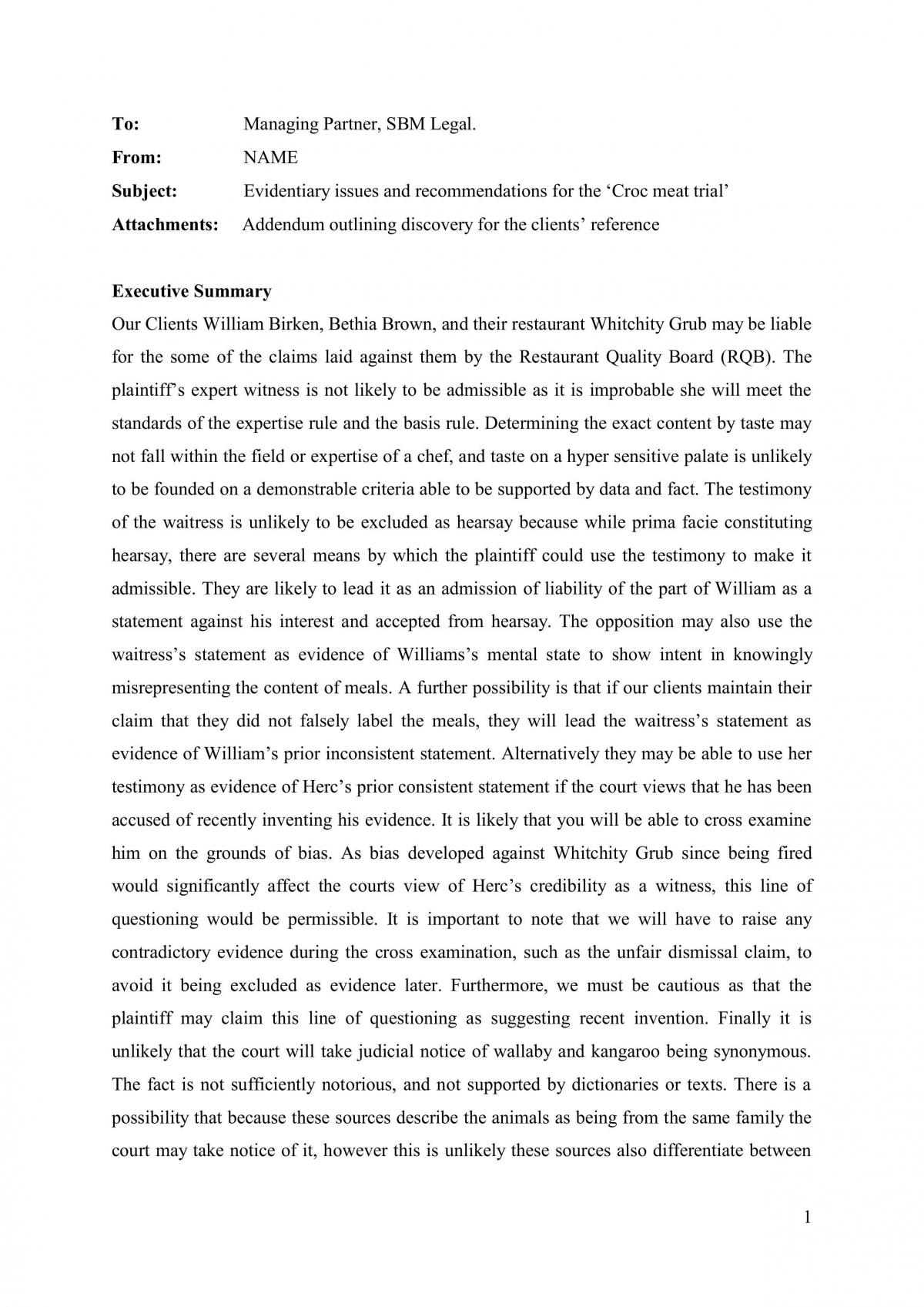 Evidence Law Problem Question in Format of a Legal Memo | LLB352 ...