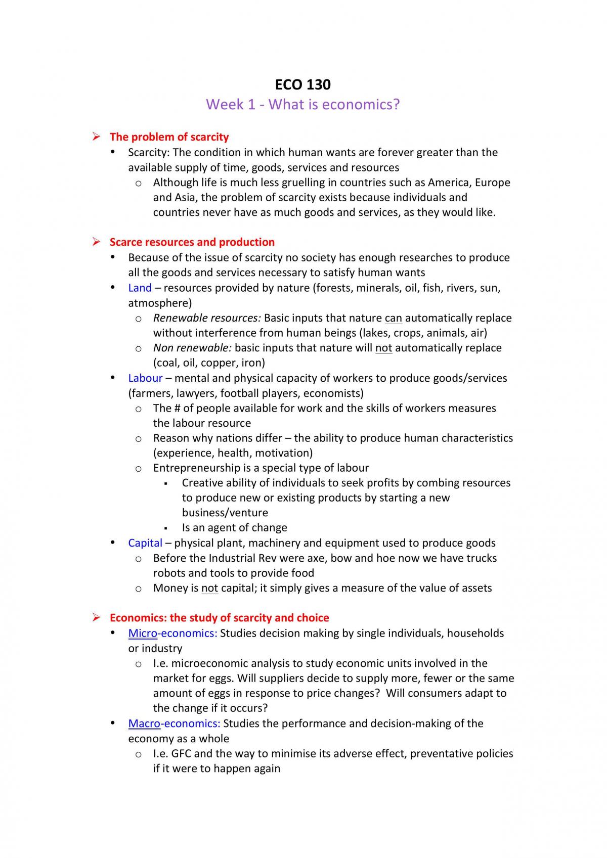 ECO130 Full Notes | ECO130 - Business Economics - CSU | Thinkswap