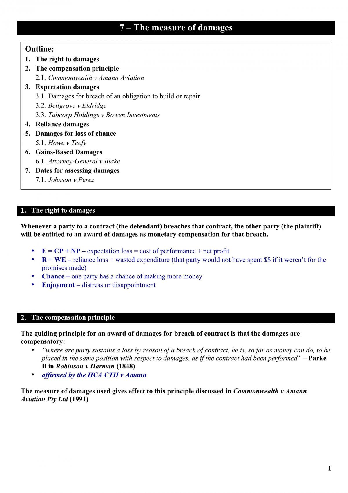 The Measure of Damages - Contracts B | LAW5005 - Principles of Contract ...