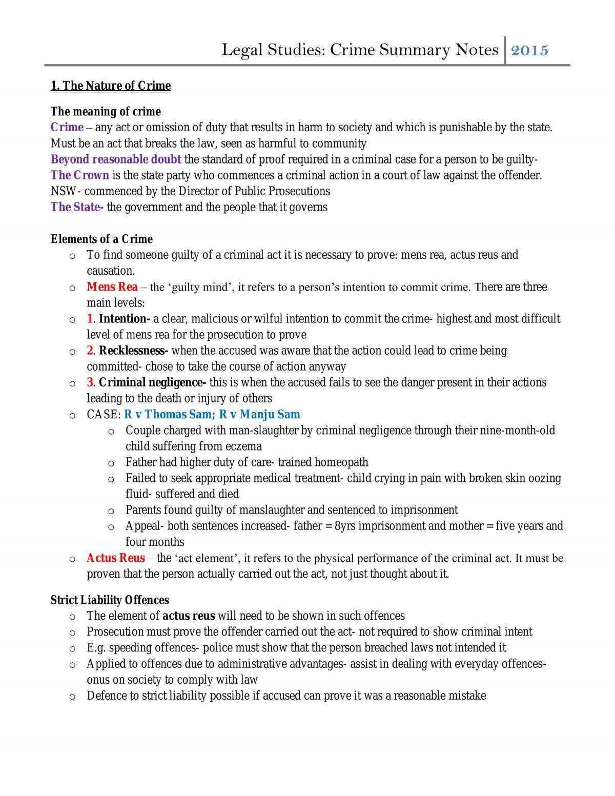 Legal Studies: Crime Notes | Legal Studies - Year 12 HSC | Thinkswap