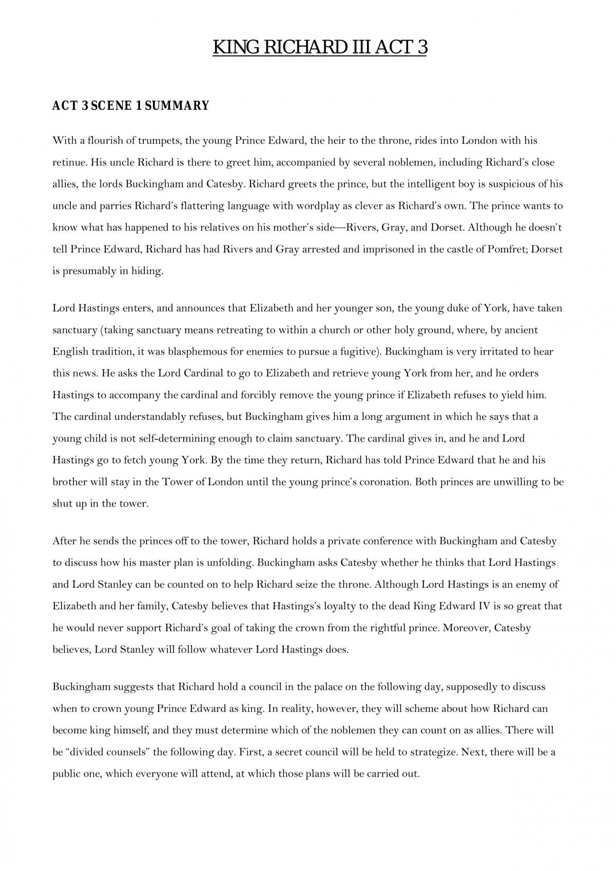 King Richard III Act 3 Notes | English (Advanced) - Year 12 HSC | Thinkswap