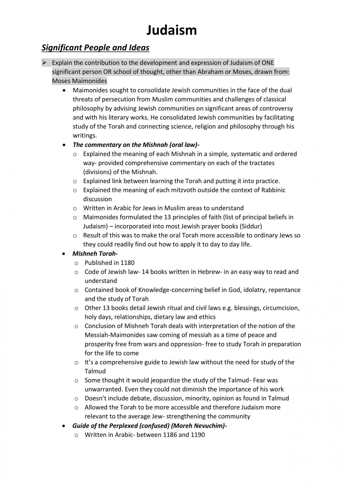 Judaism Notes | Studies of Religion II - Year 12 HSC | Thinkswap